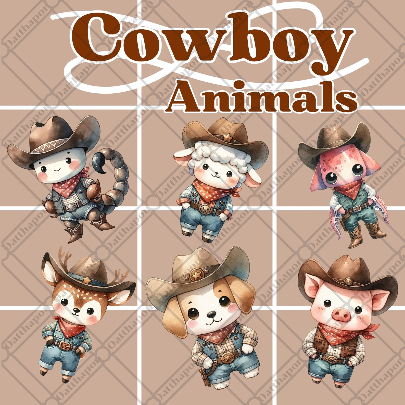 Watercolor Clipart Cowboy Animals, Digital Download, Clipart Bundle ...