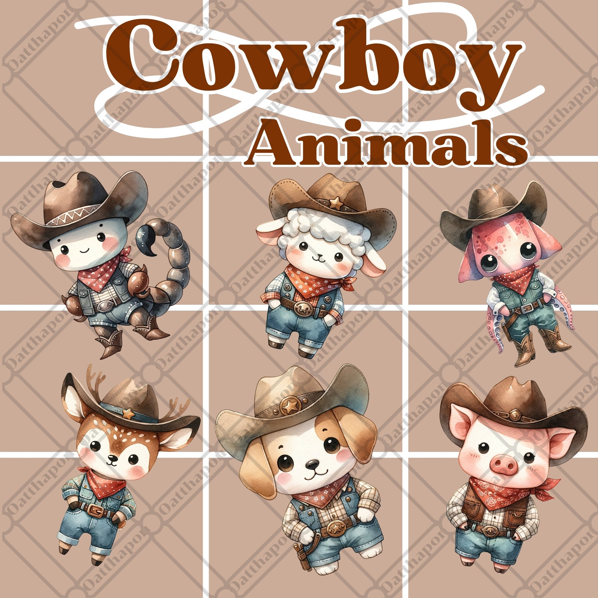 Watercolor Clipart Cowboy Animals, Digital Download, Clipart Bundle ...