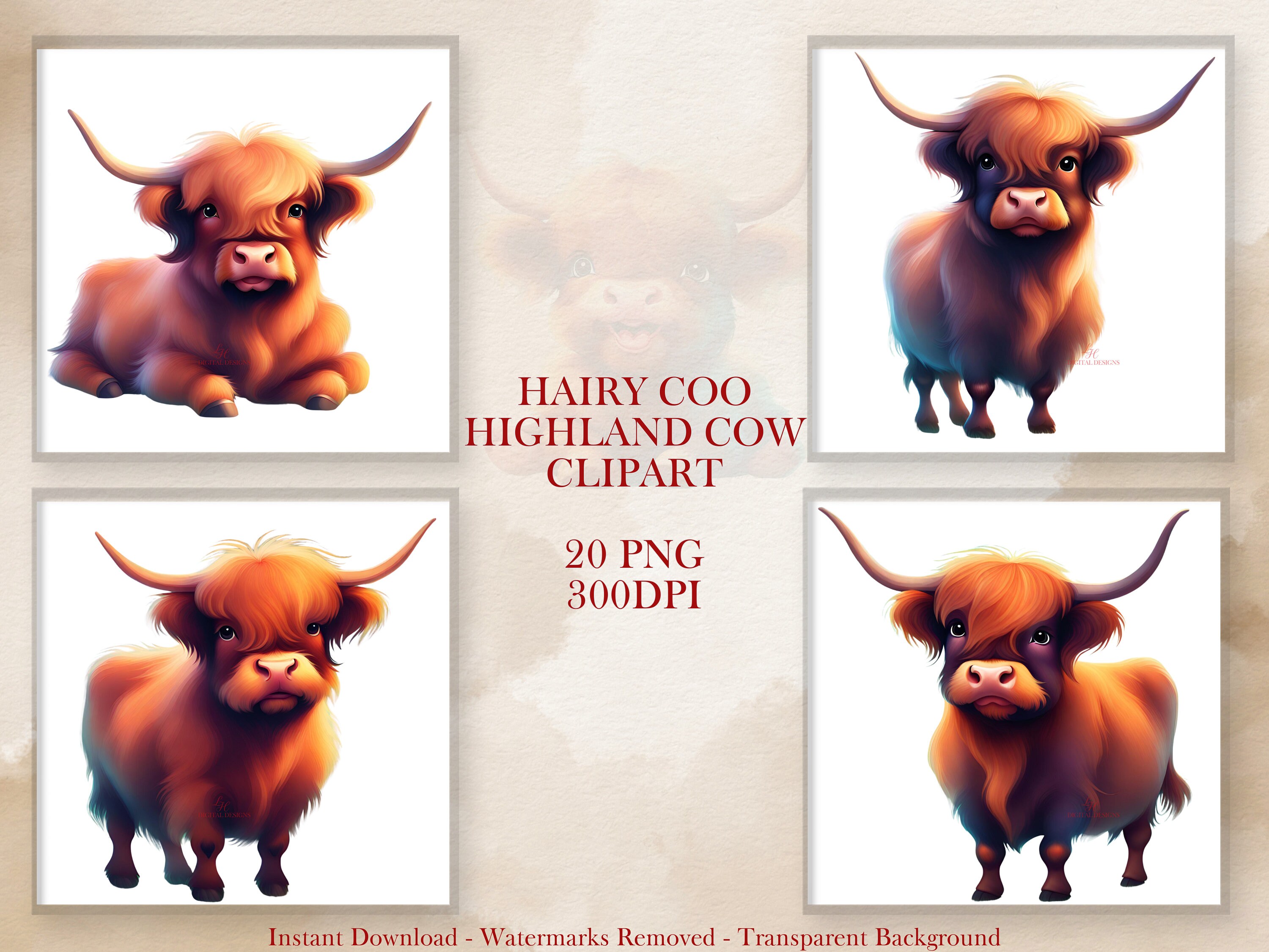 Cute Hairy Coo, Highland Cow Clipart PNG - 20 Pngs, Set B, Instant ...