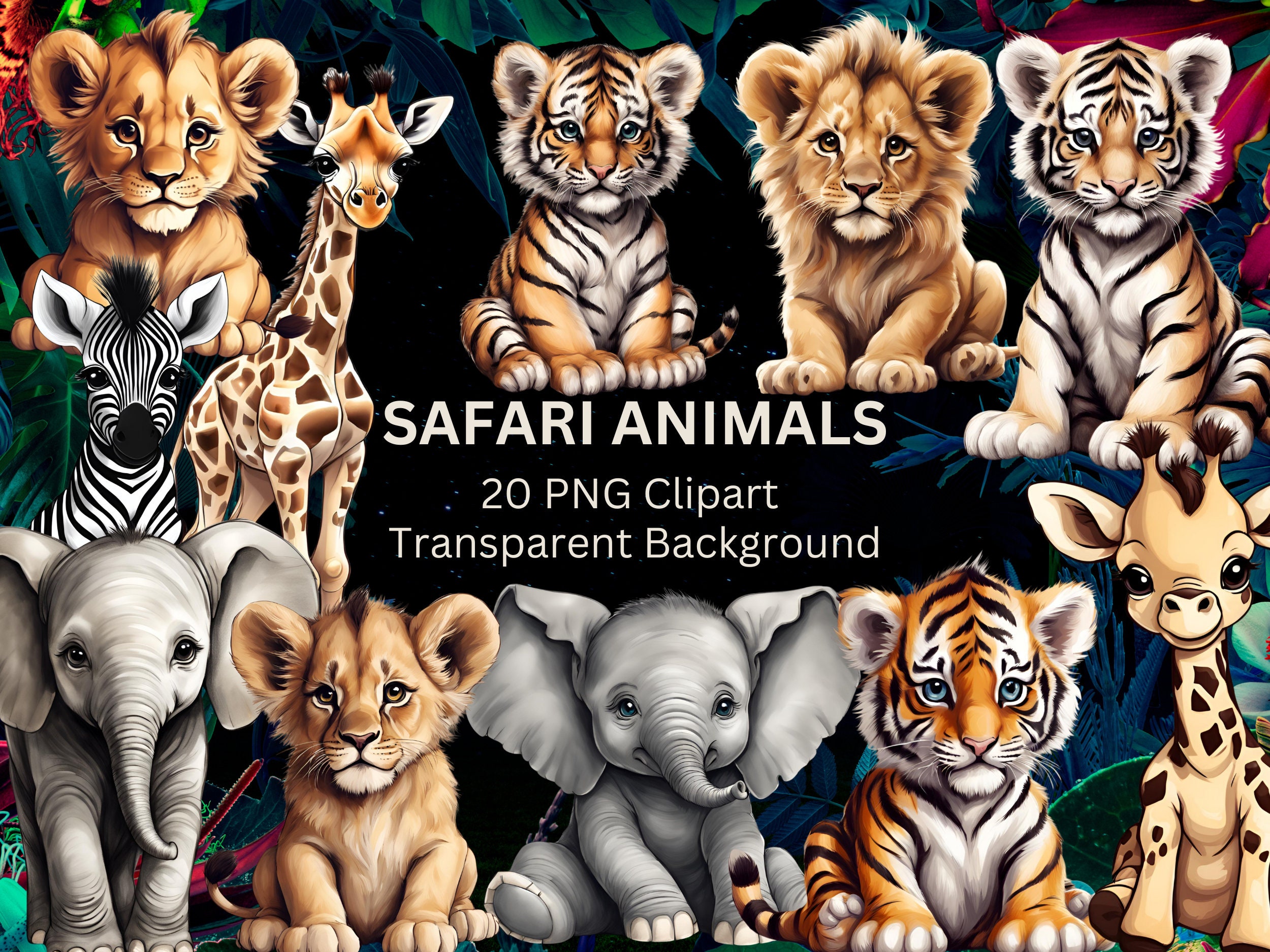 SAFARI Animals, Elephant, Lion, Tiger, Giraffe, Zebra, 20 PNG Clipart ...