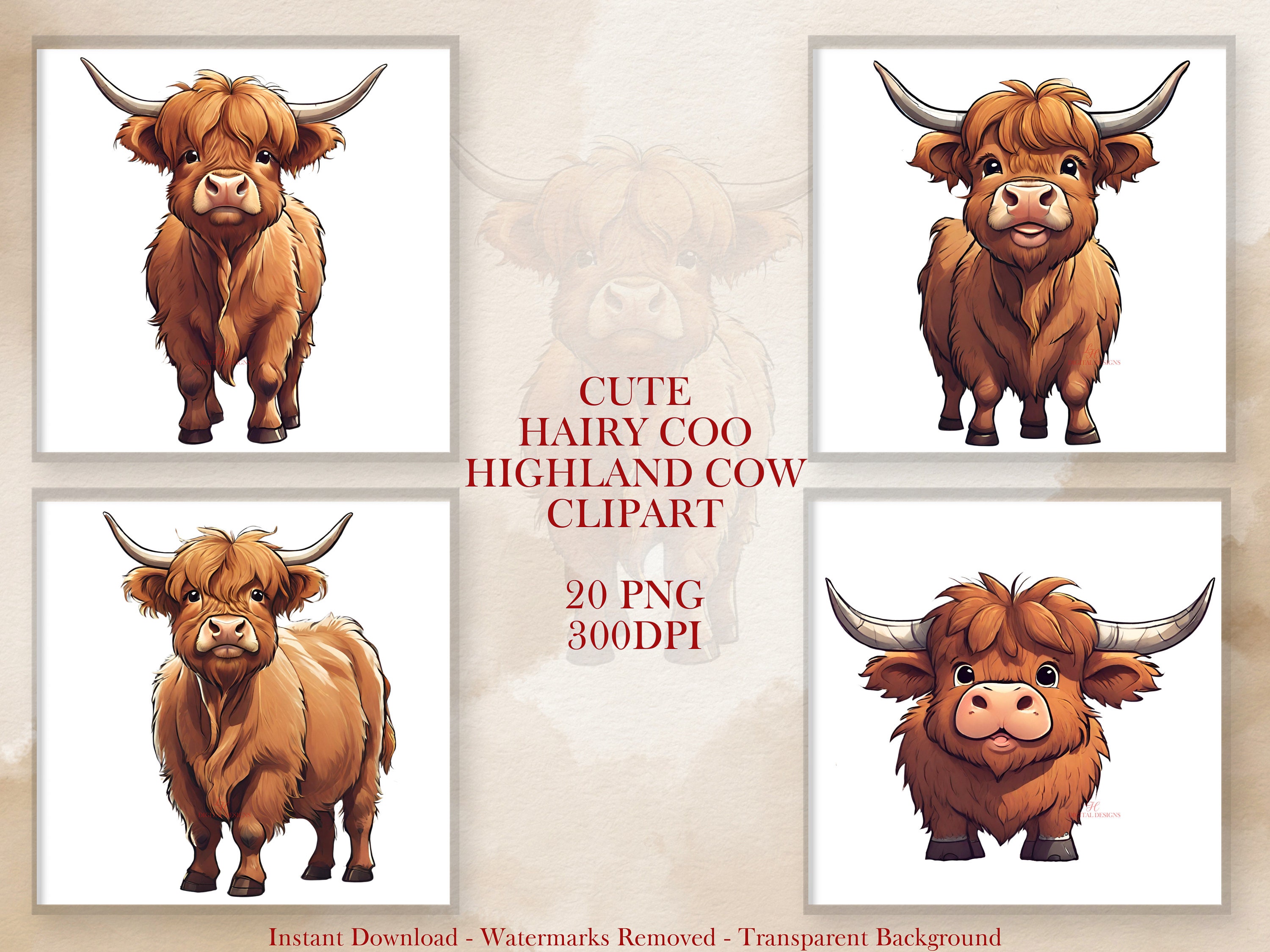 Cute Hairy Coo, Highland Cow Clipart PNG - 20 Pngs, Set A, Instant ...