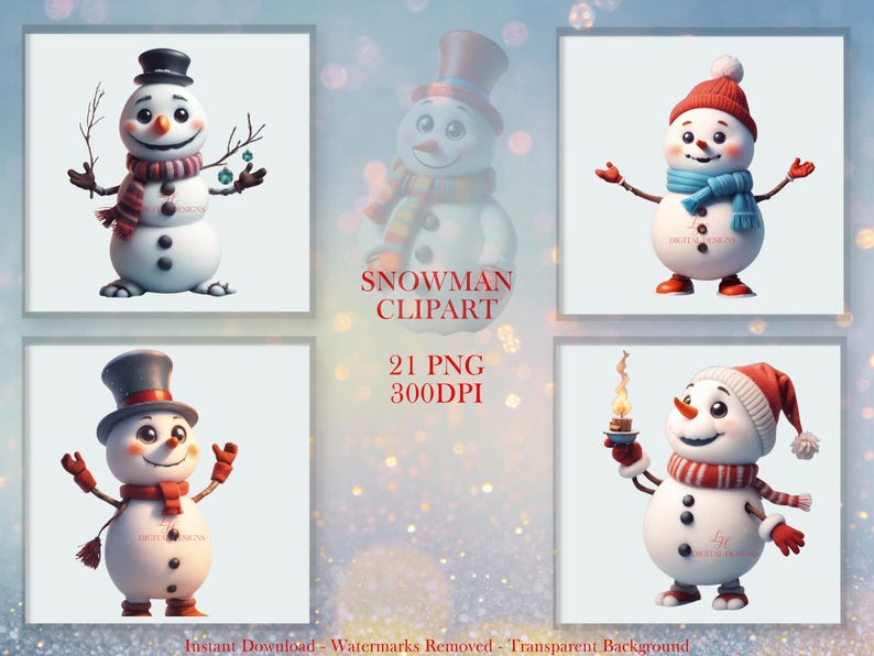 Snowmen, 21 Festive Christmas Snowman PNG Clipart Bundle, Instant ...