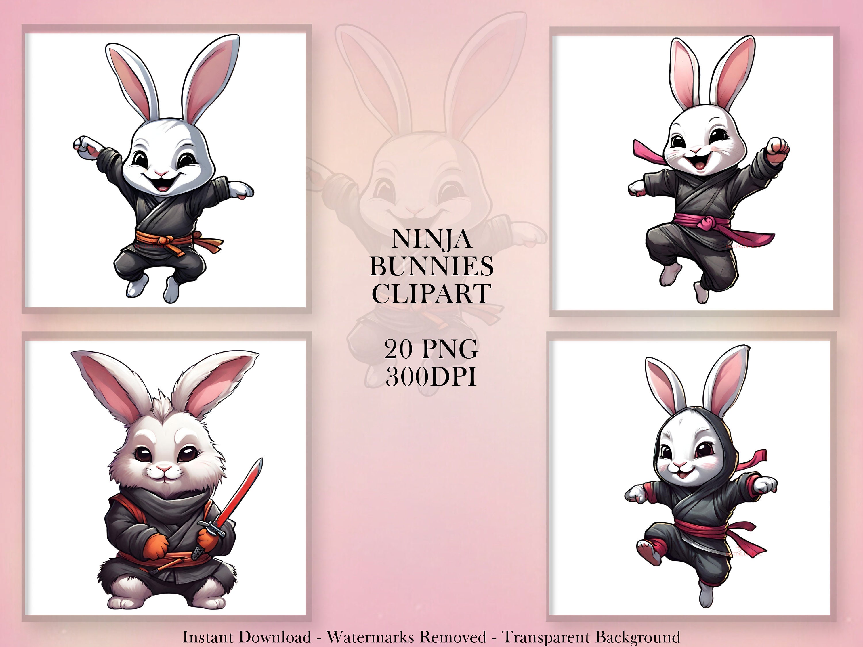 Ninja Bunny Clipart, 20 PNG Clipart Bundle, Instant Download ...