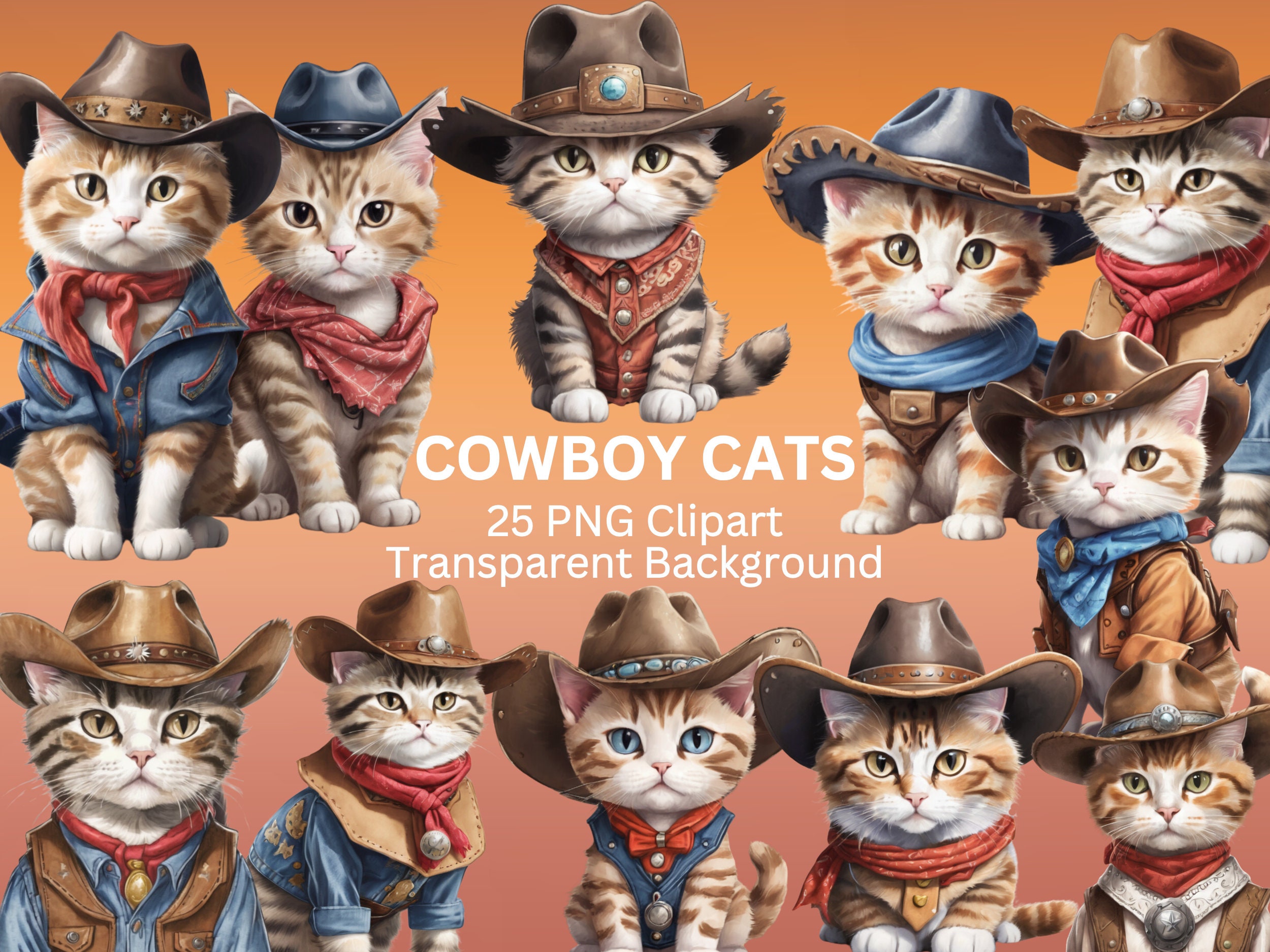 Cowboy Cats and Kittens, 25 PNG Clipart Bundle, Instant Download ...