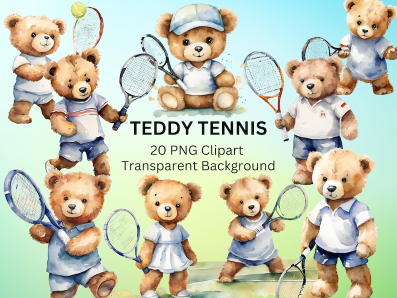 Tennis Teddy Clipart, 20 PNG Clipart Bundle, Instant Download ...