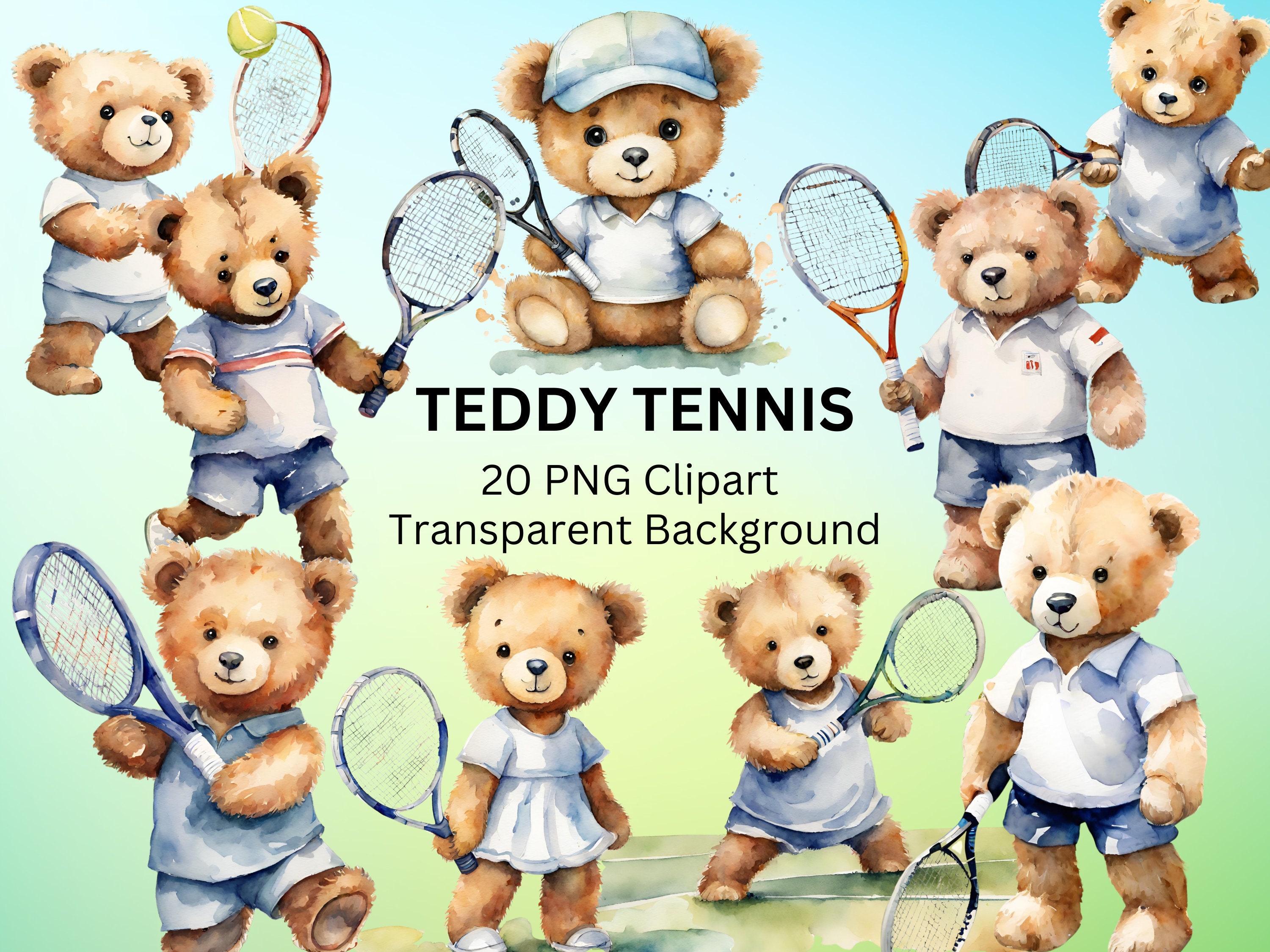Tennis Teddy Clipart, 20 PNG Clipart Bundle, Instant Download ...