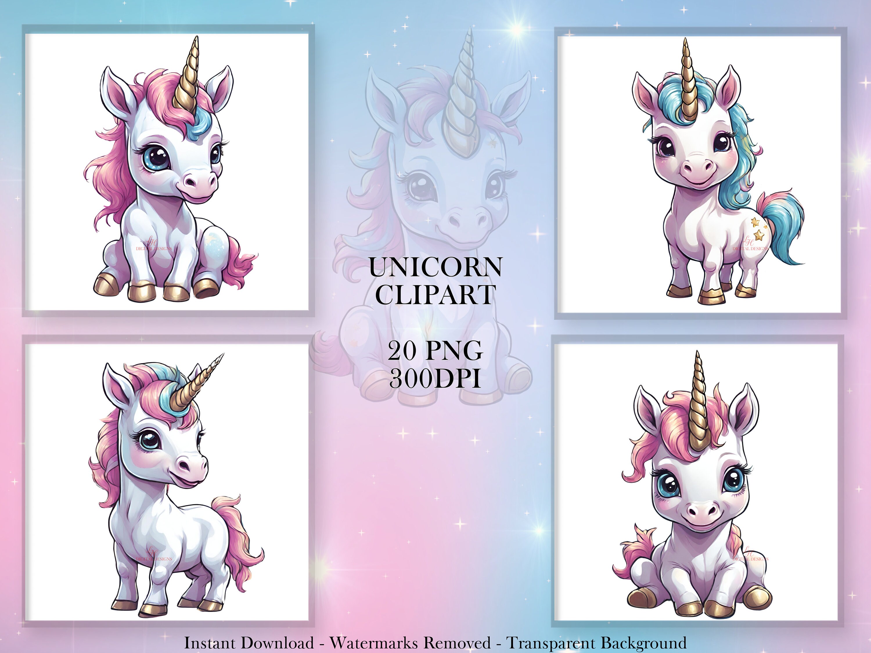 Cute Unicorn, 20 PNG Clipart Bundle, Instant Download, Commercial ...