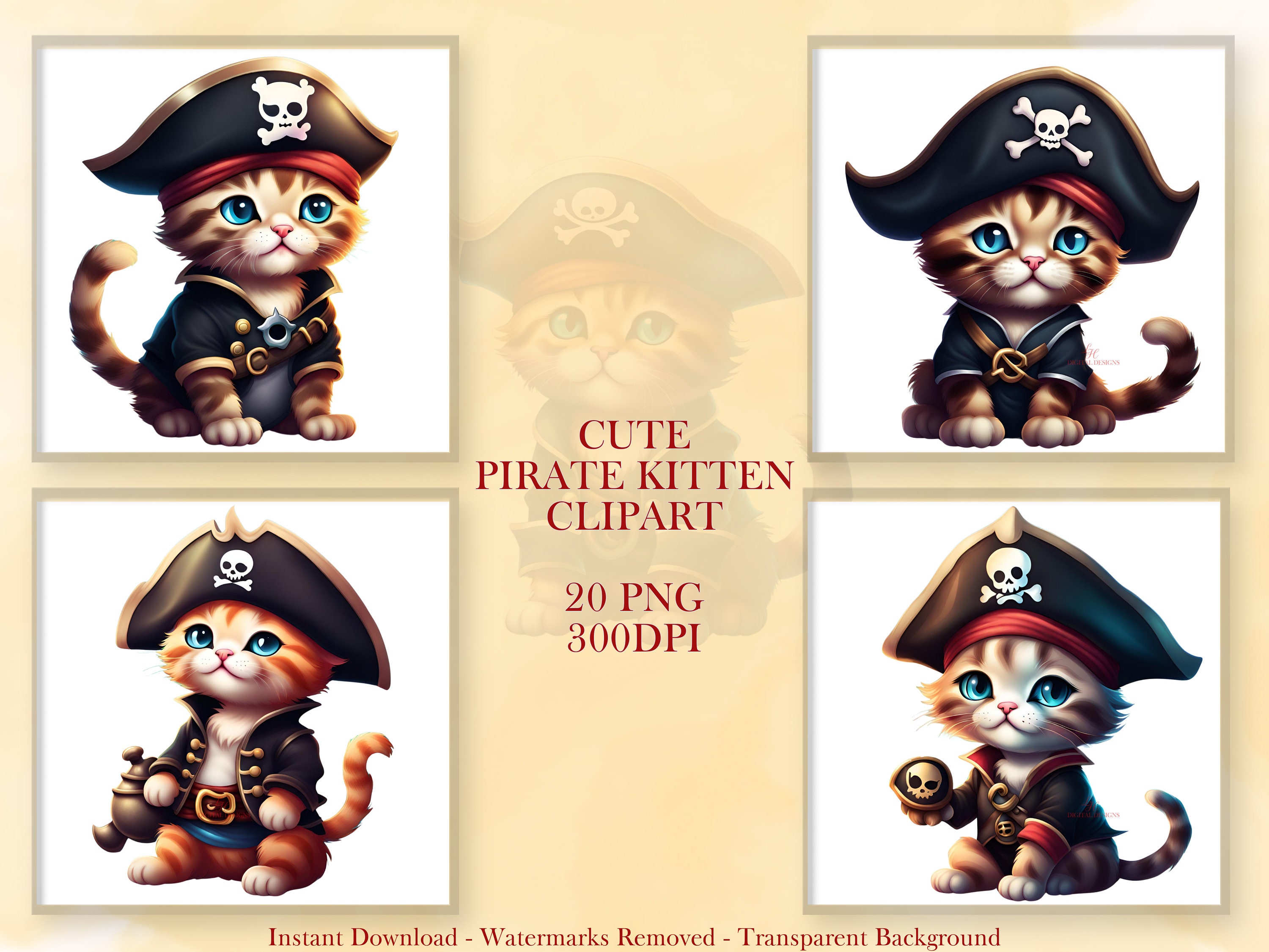 Cute Pirate Kitten Clipart PNG 20 Pngs, Set A Instant Download - Etsy