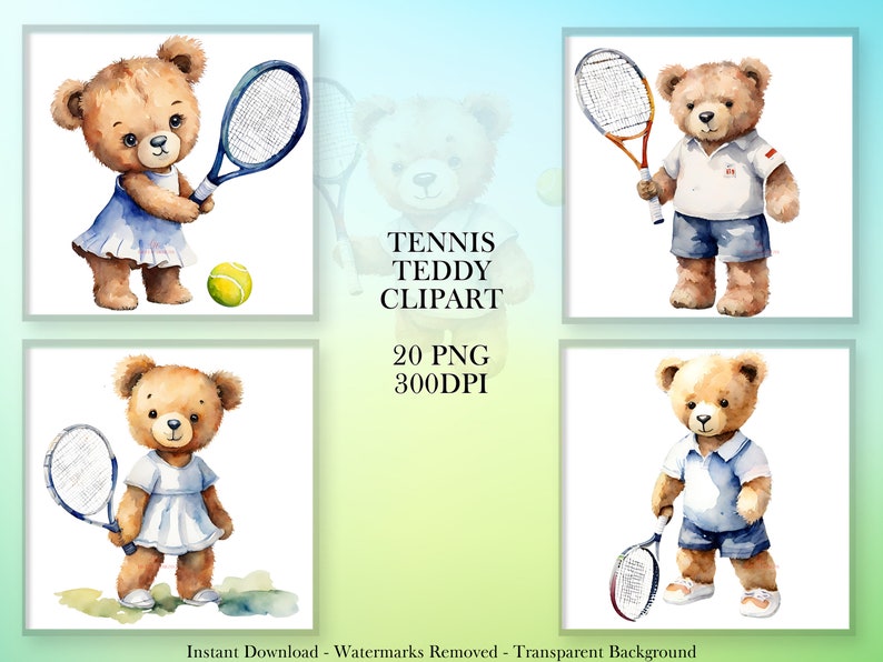 Tennis Teddy Clipart, 20 PNG Clipart Bundle, Instant Download ...