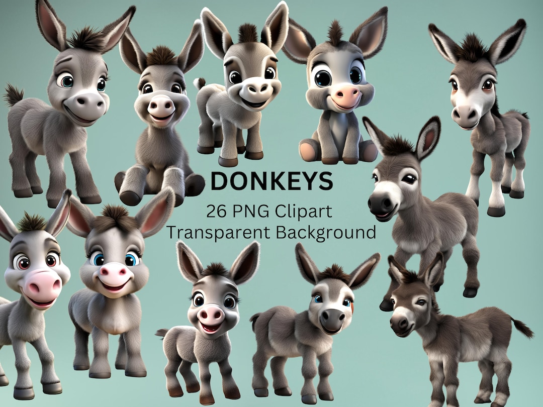 Cute DONKEYS, 26 PNG Clipart Bundle, Instant Download, Commercial ...