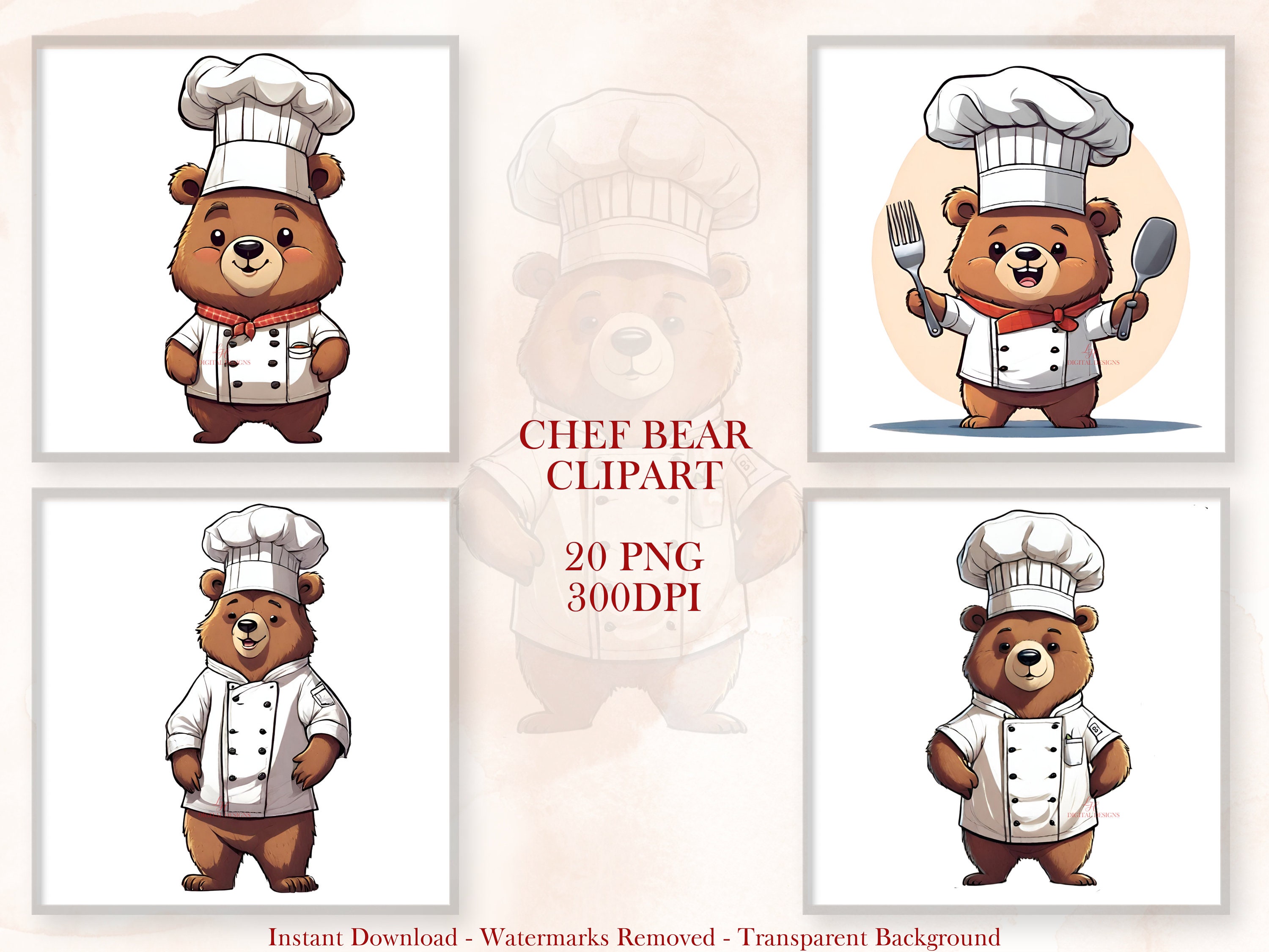 Bear Chef in Chefs Hat, Cooking, Baking, Clipart PNG - 20 Png Bundle ...