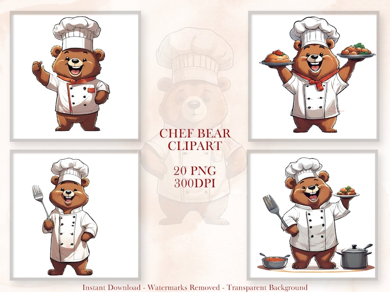 Bear Chef in Chefs Hat, Cooking, Baking, Clipart PNG - 20 Png Bundle ...