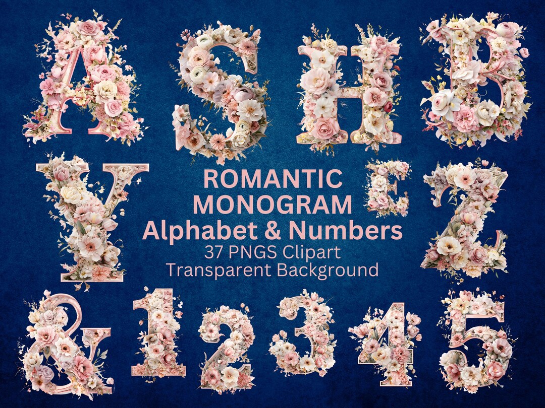 Romantic Floral Alphabet and Numbers Clipart, Romantic PNG Set, Instant ...