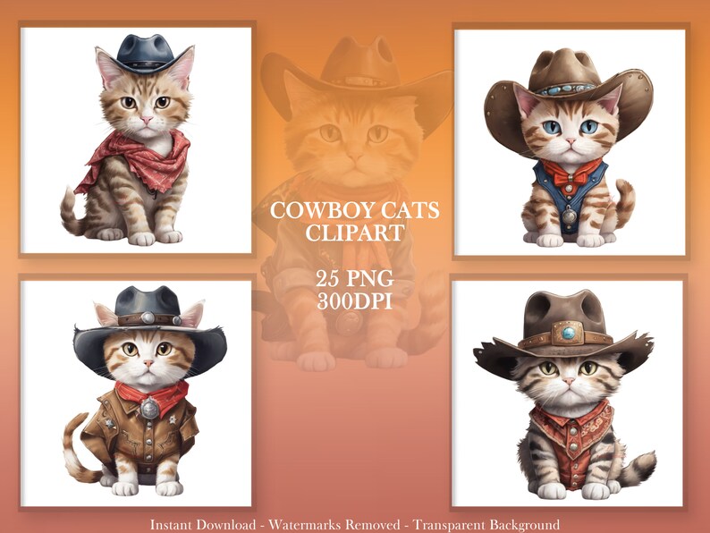 Cowboy Cats and Kittens, 25 PNG Clipart Bundle, Instant Download ...