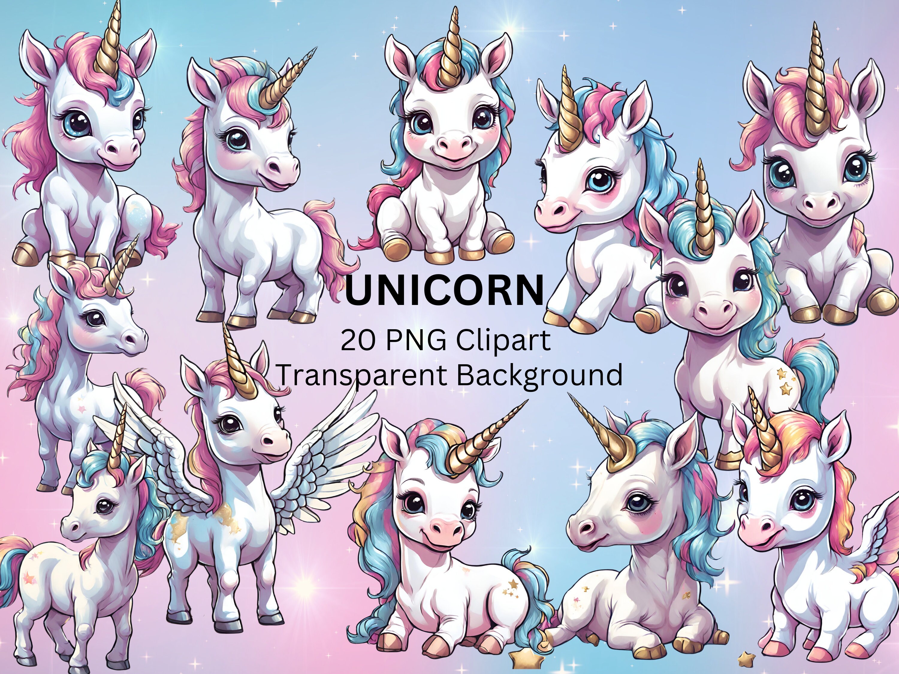 Cute Unicorn, 20 PNG Clipart Bundle, Instant Download, Commercial ...