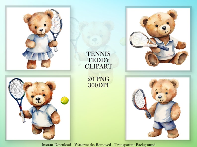 Tennis Teddy Clipart, 20 PNG Clipart Bundle, Instant Download ...