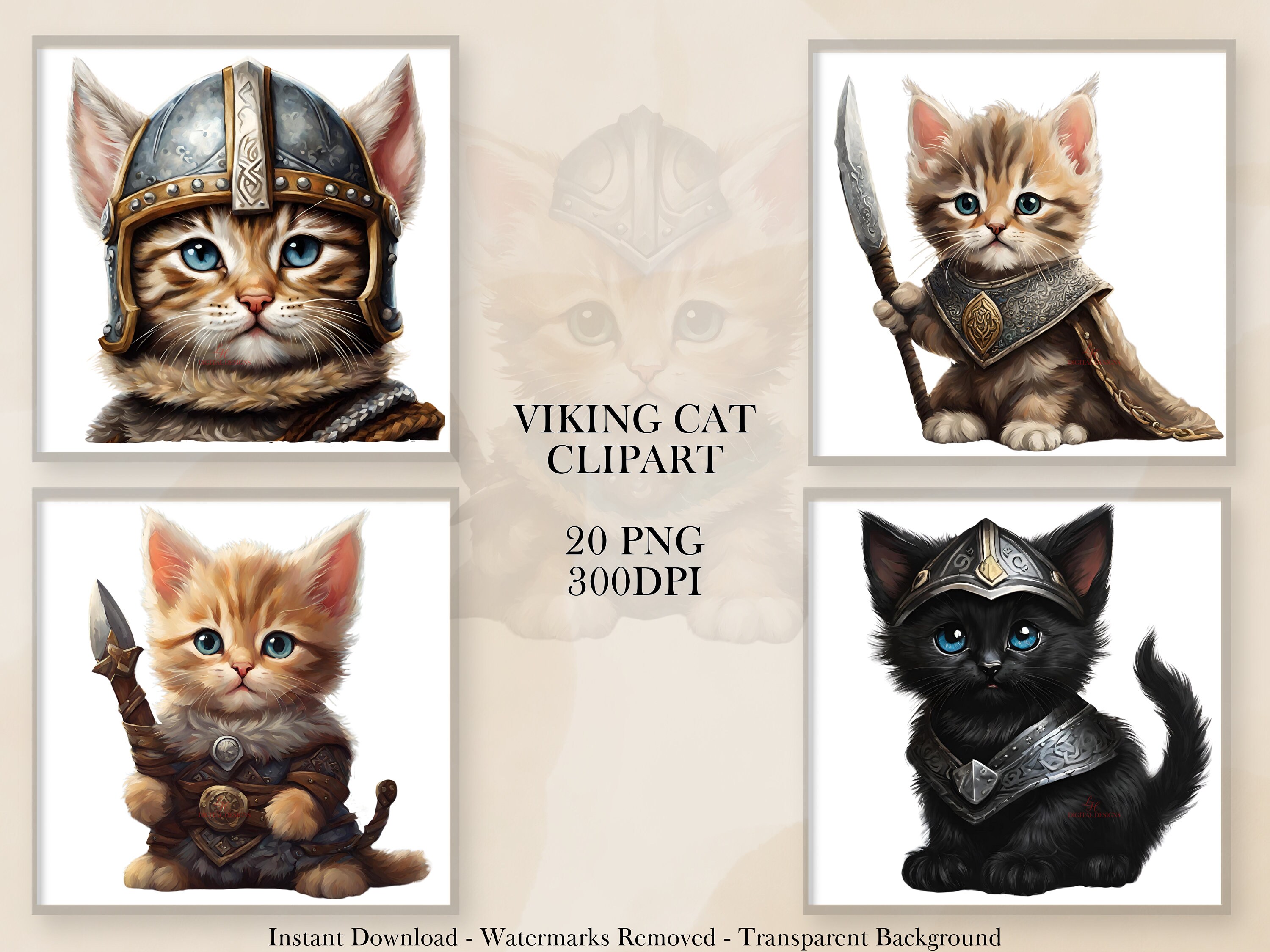 Viking Cat Clipart Bundle: Warrior Kittens, 20 PNG Images (digital ...