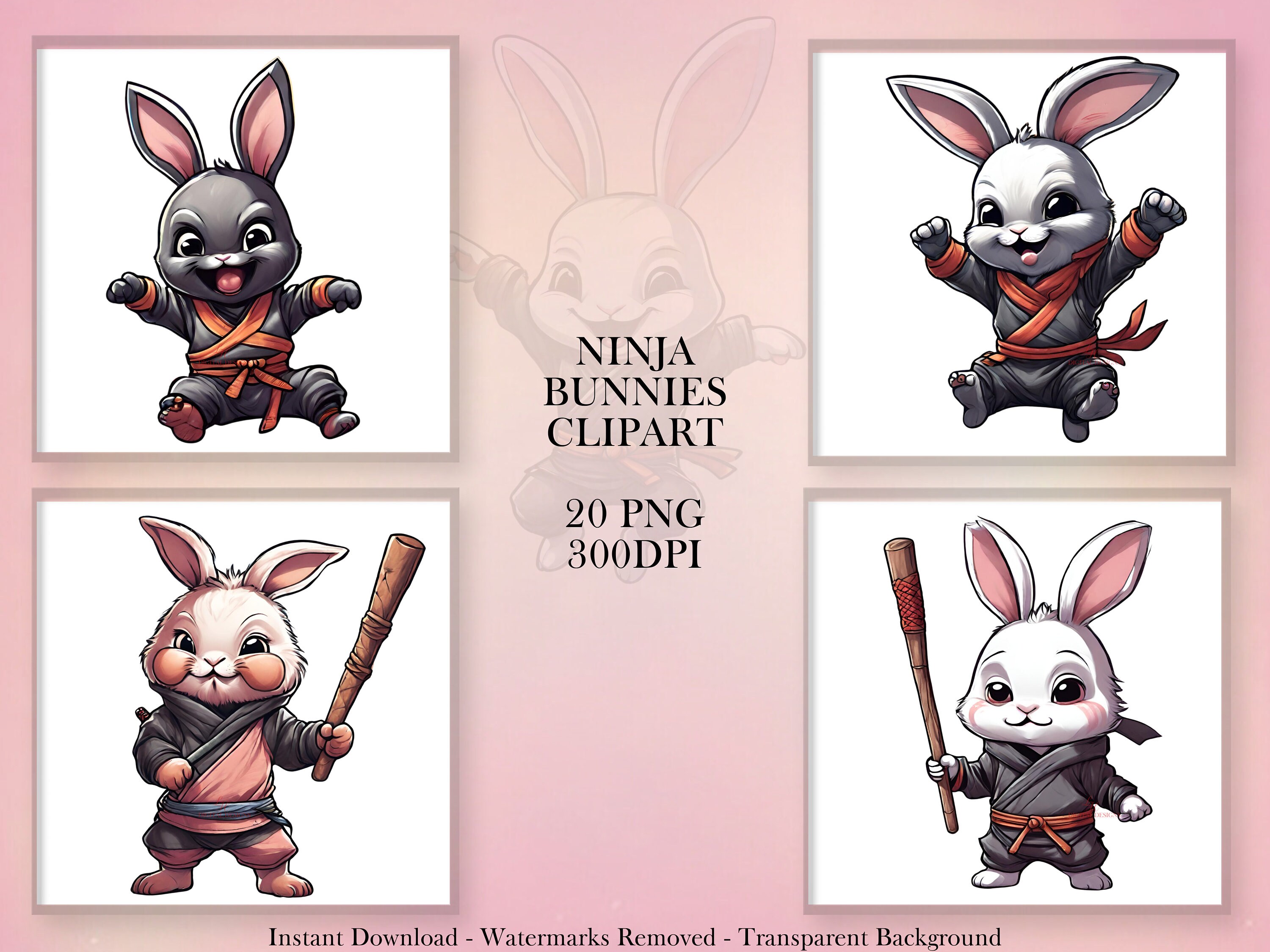 Ninja Bunny Clipart, 20 PNG Clipart Bundle, Instant Download ...