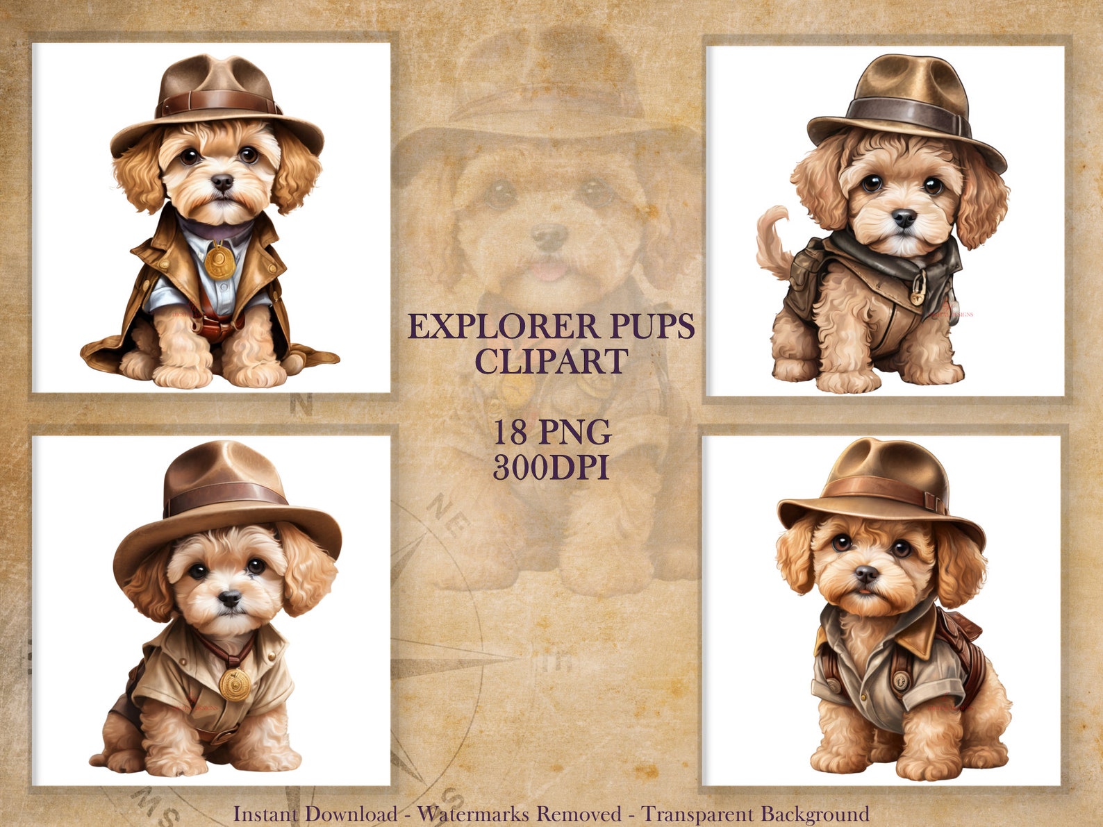 Cute Explorer Pups, 18 PNG Clipart Bundle, Instant Download, Commercial ...