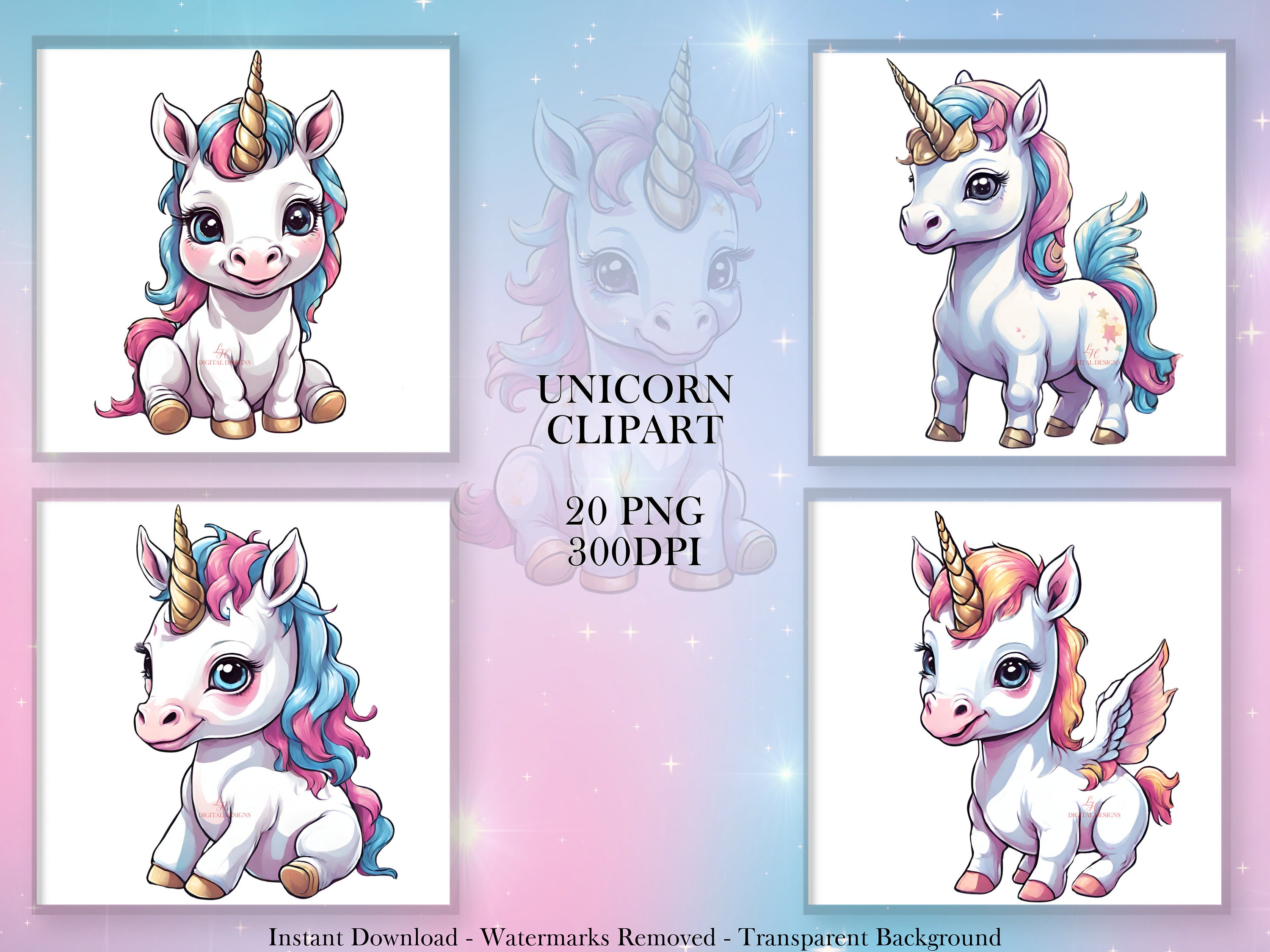 Cute Unicorn, 20 PNG Clipart Bundle, Instant Download, Commercial ...