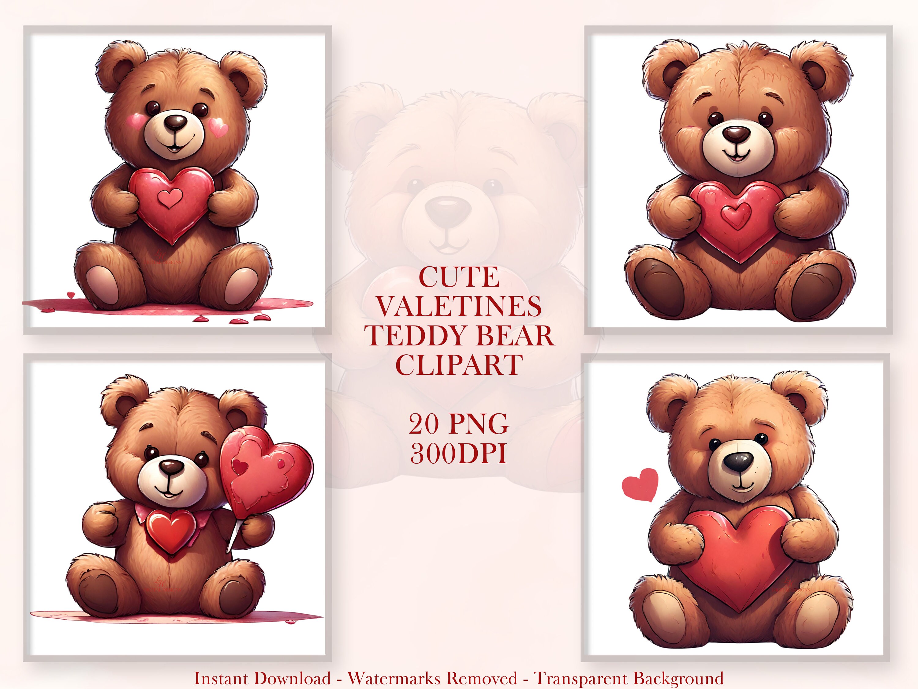 Cute Valentines Teddy Bear Clipart 20 Pngs, Digital Instant Download ...