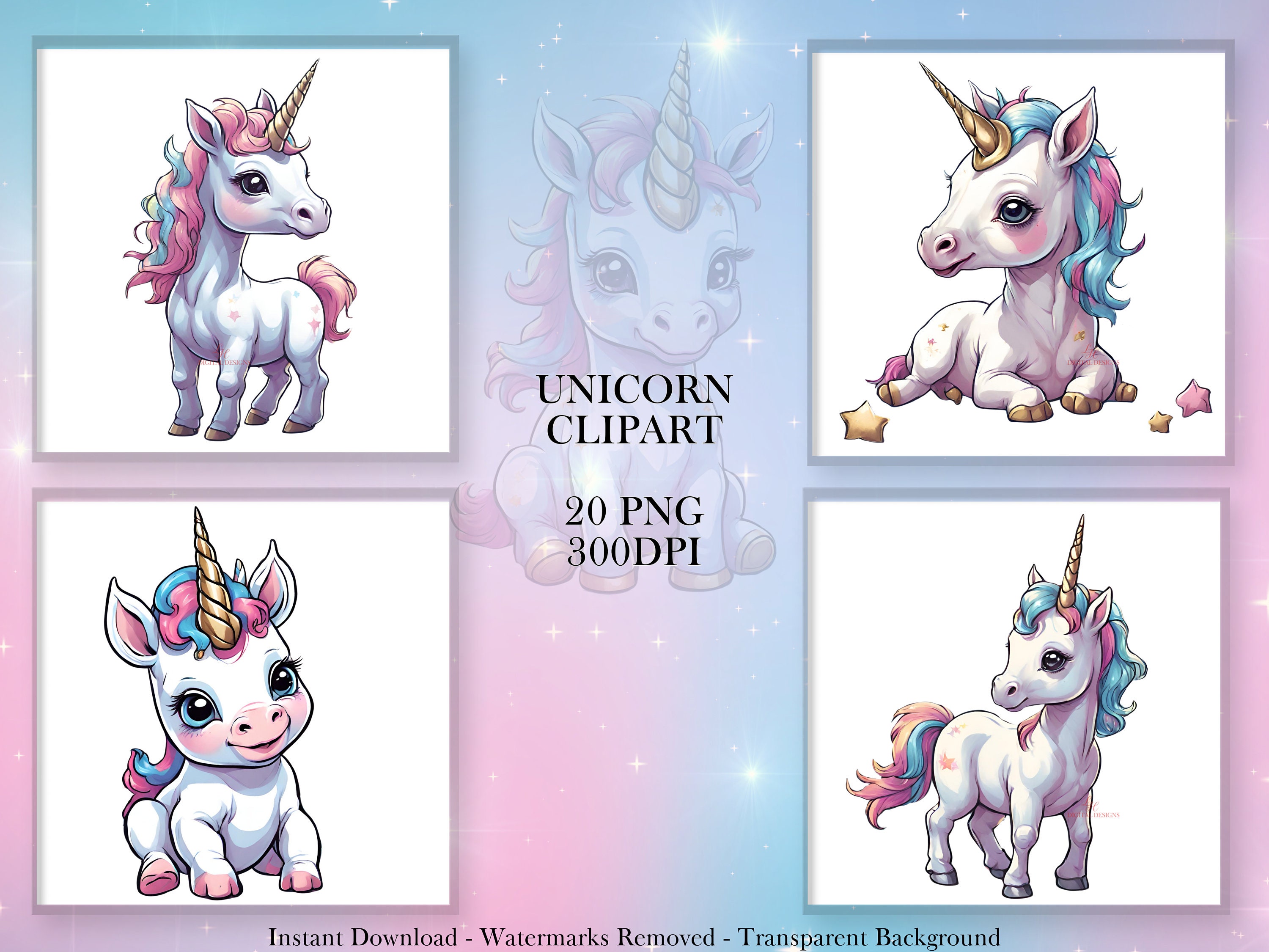 Cute Unicorn, 20 PNG Clipart Bundle, Instant Download, Commercial ...