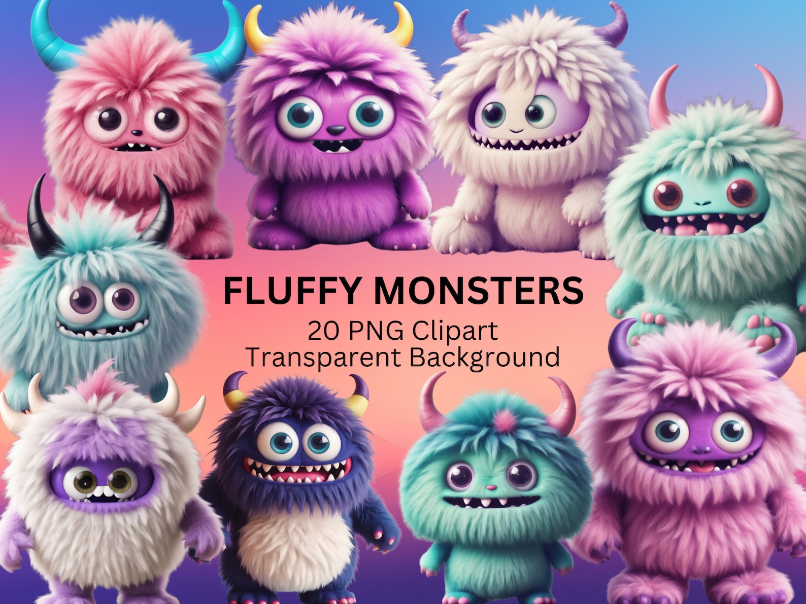 Cute Fluffy Monsters, 20 PNG Clipart Bundle, Instant Download ...