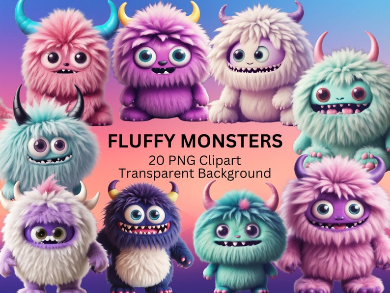 Cute Fluffy Monsters, 20 PNG Clipart Bundle, Instant Download ...