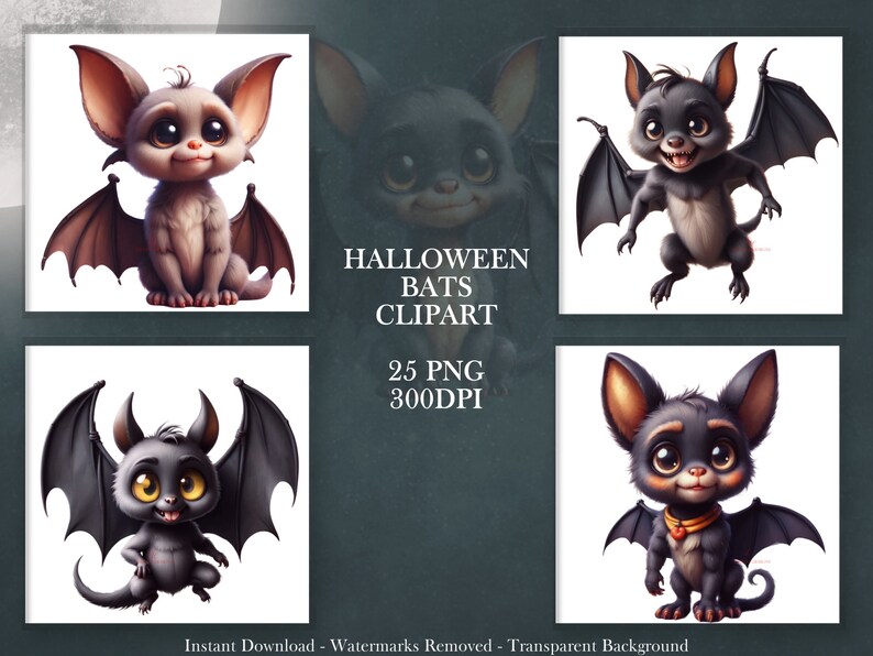 Cute Halloween Bats, 25 PNG Clipart Bundle, Instant Download ...