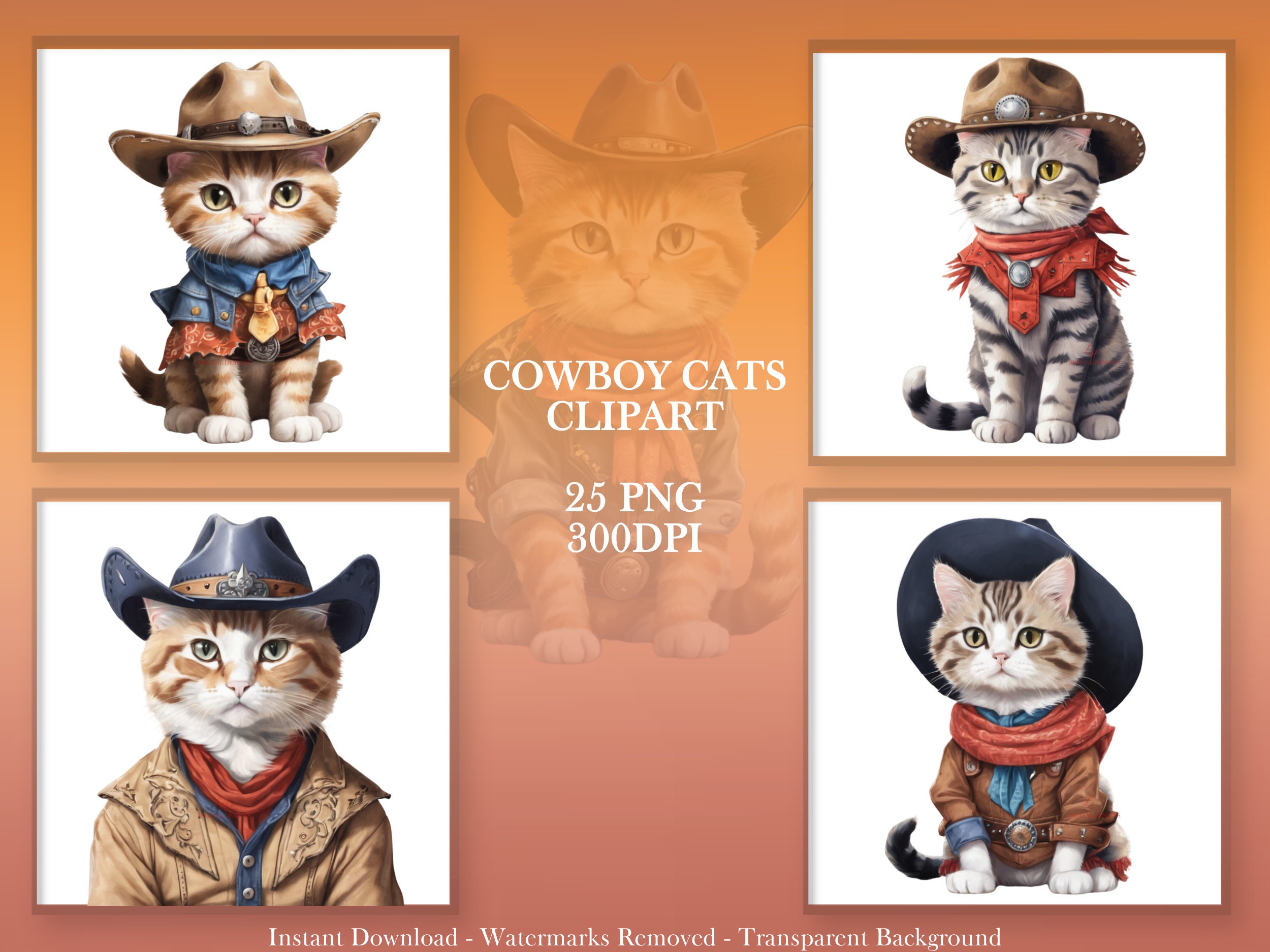 Cowboy Cats and Kittens, 25 PNG Clipart Bundle, Instant Download ...