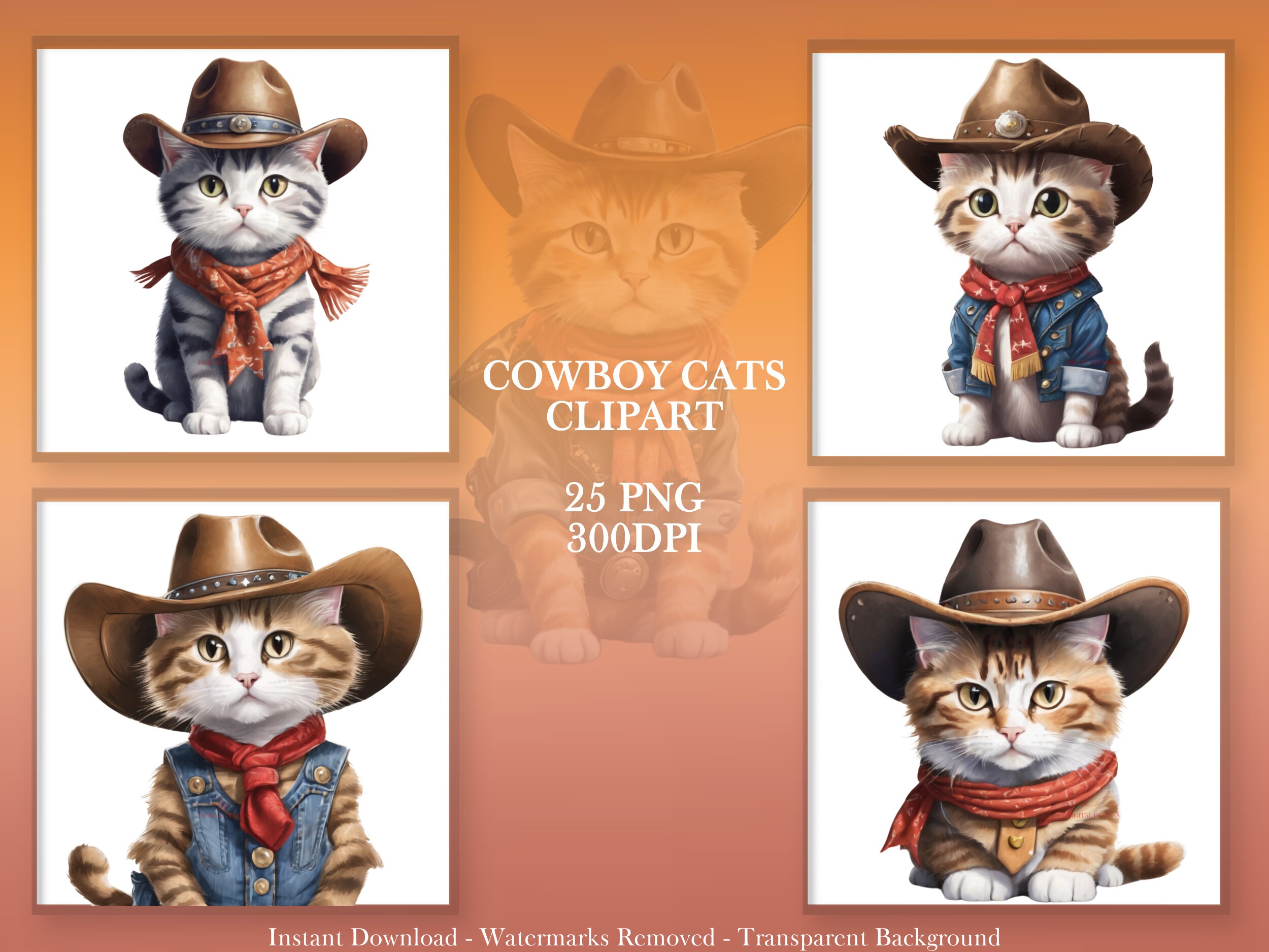 Cowboy Cats and Kittens, 25 PNG Clipart Bundle, Instant Download ...
