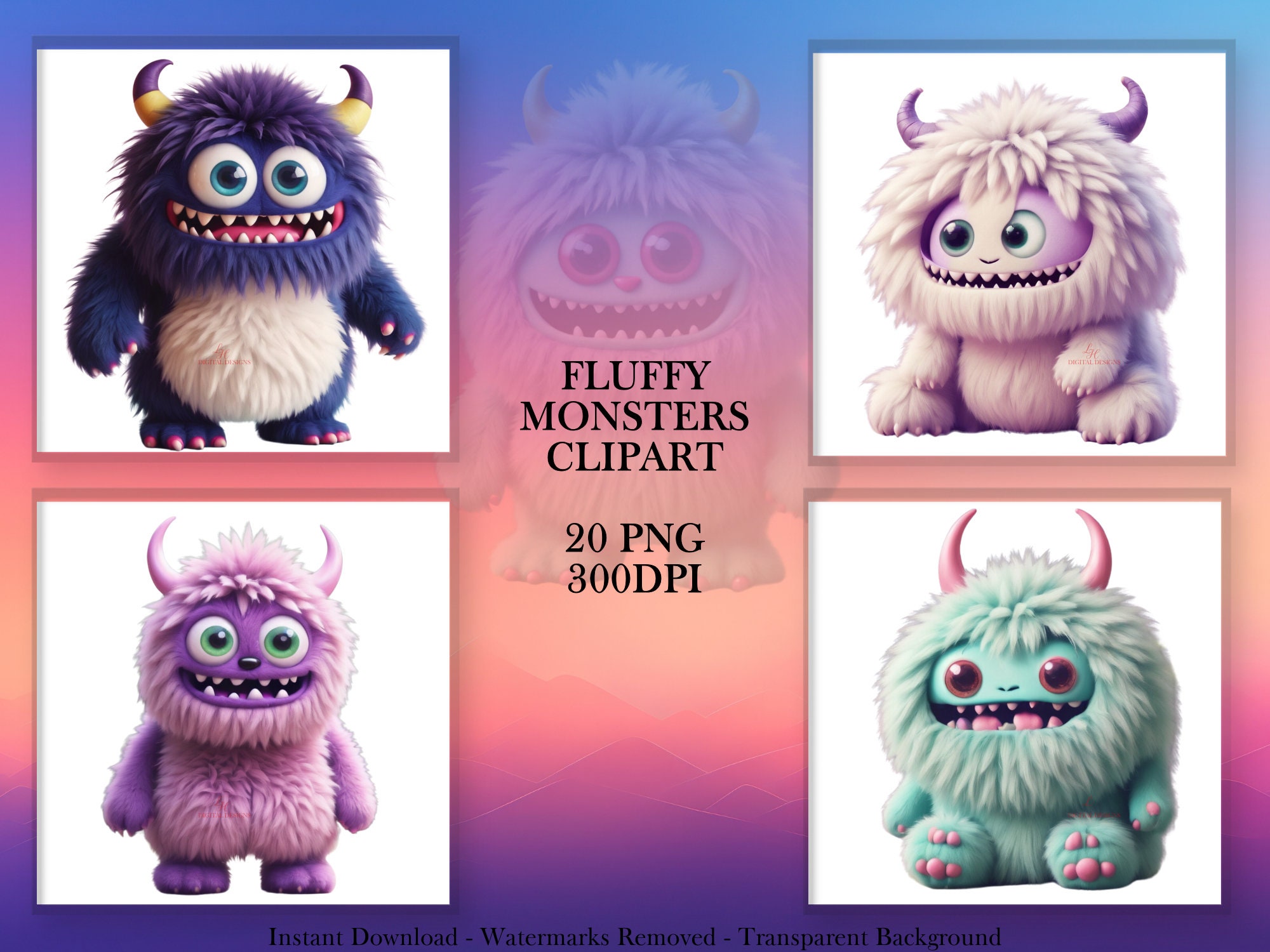 Cute Fluffy Monsters, 20 PNG Clipart Bundle, Instant Download ...