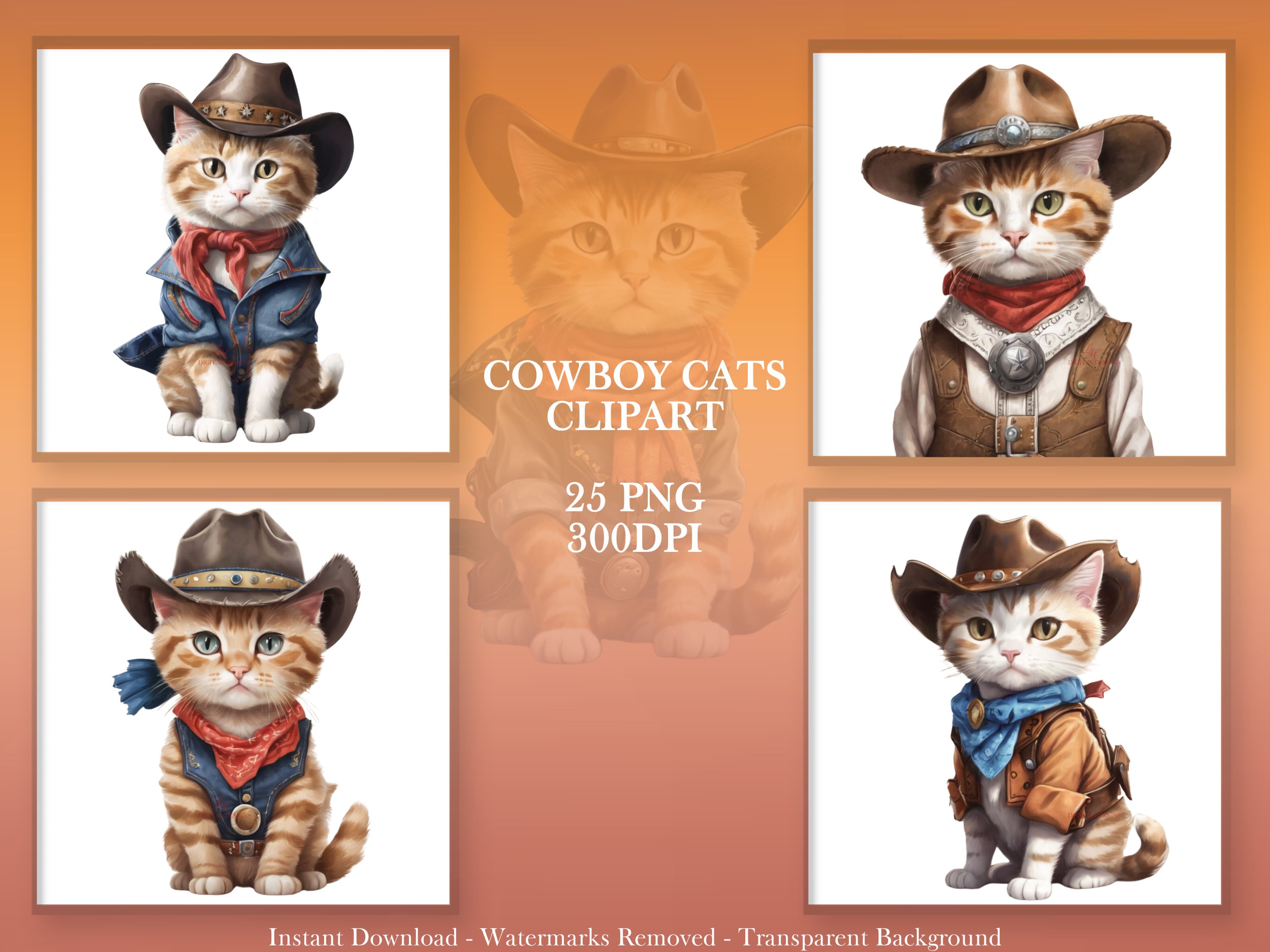 Cowboy Cats and Kittens, 25 PNG Clipart Bundle, Instant Download ...
