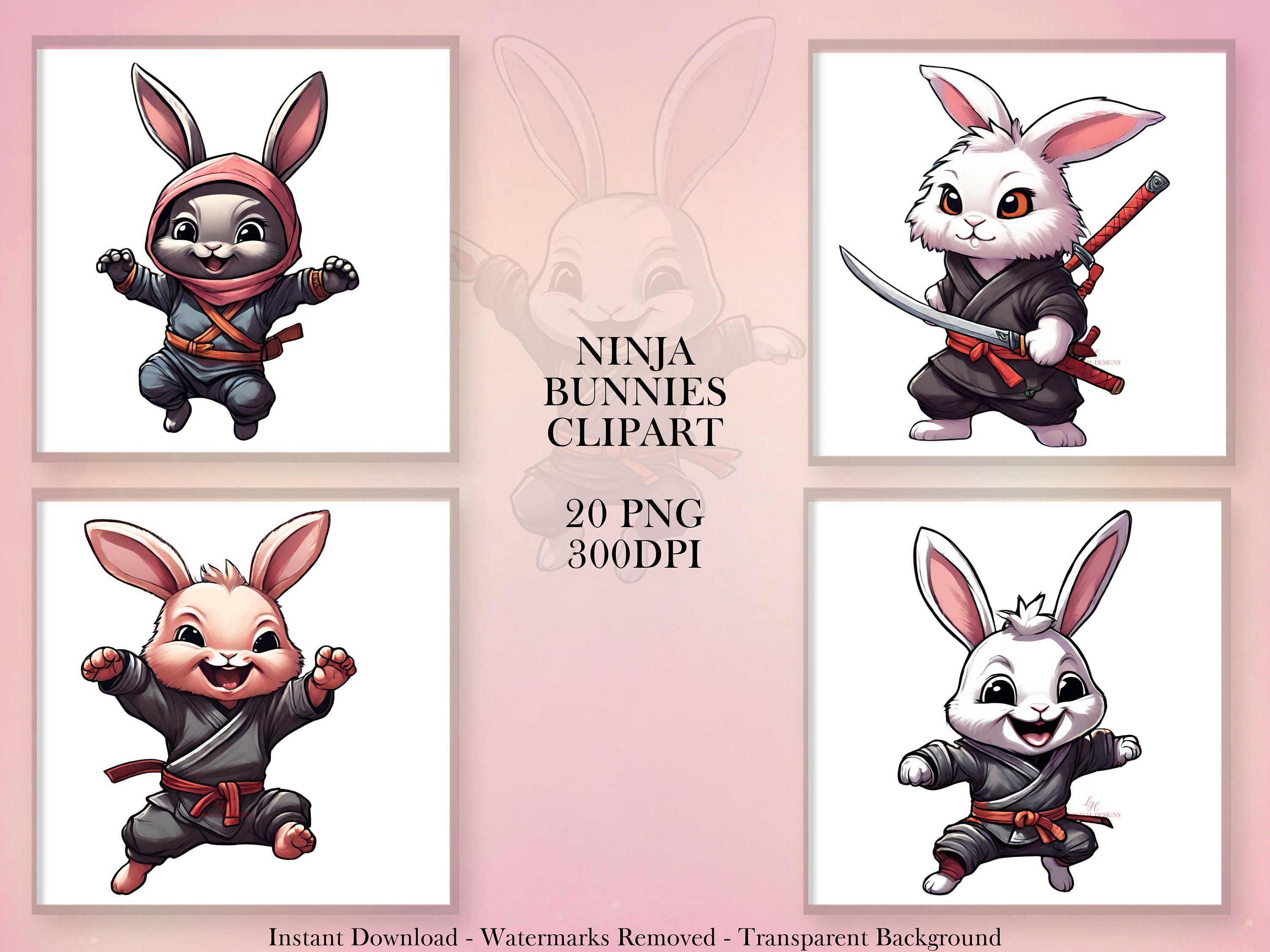 Ninja Bunny Clipart, 20 PNG Clipart Bundle, Instant Download ...