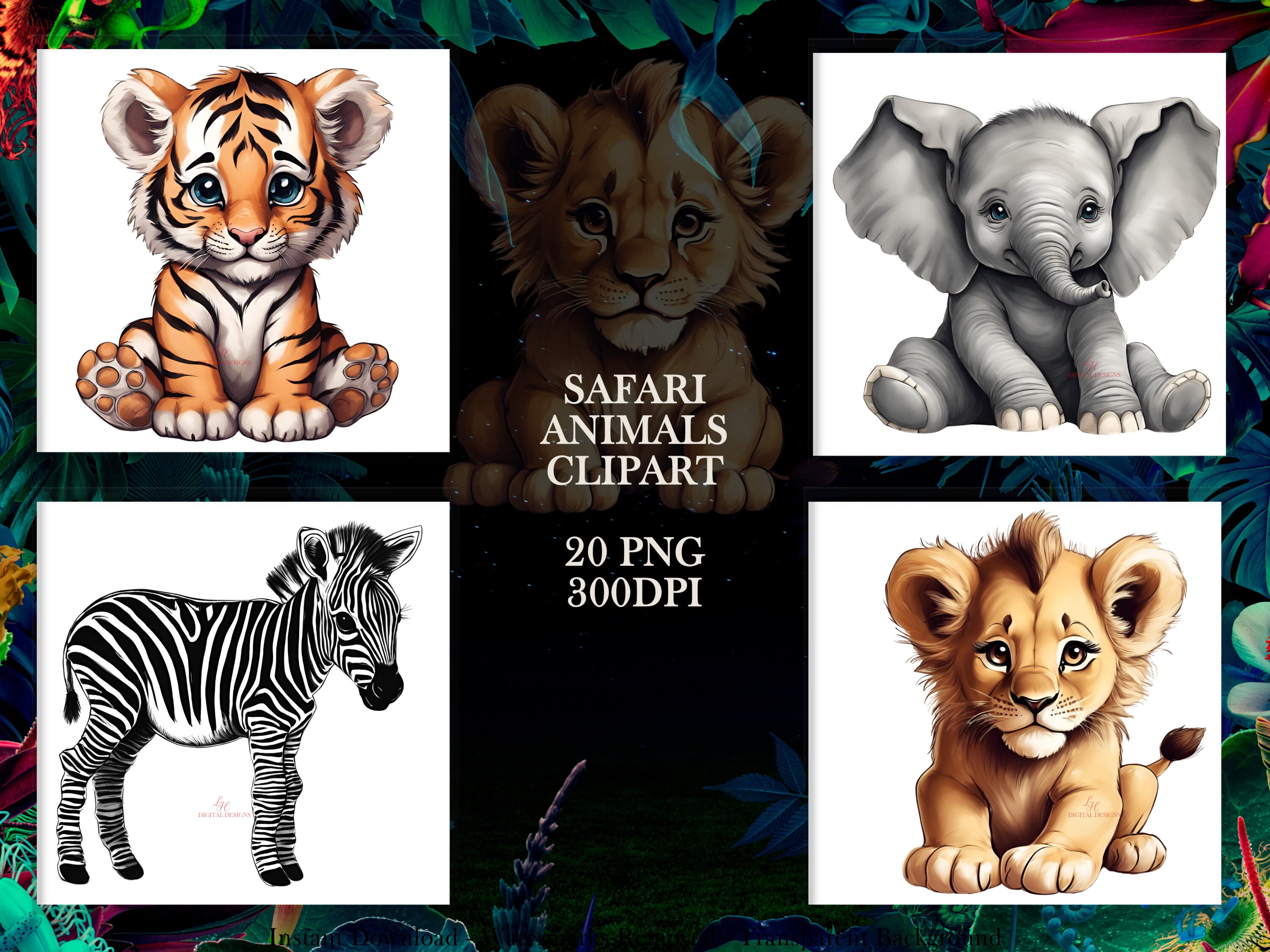 SAFARI Animals, Elephant, Lion, Tiger, Giraffe, Zebra, 20 PNG Clipart ...