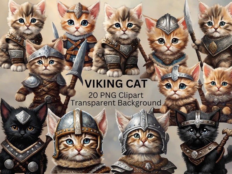 Viking Cat Clipart Bundle: Warrior Kittens, 20 PNG Images (digital ...