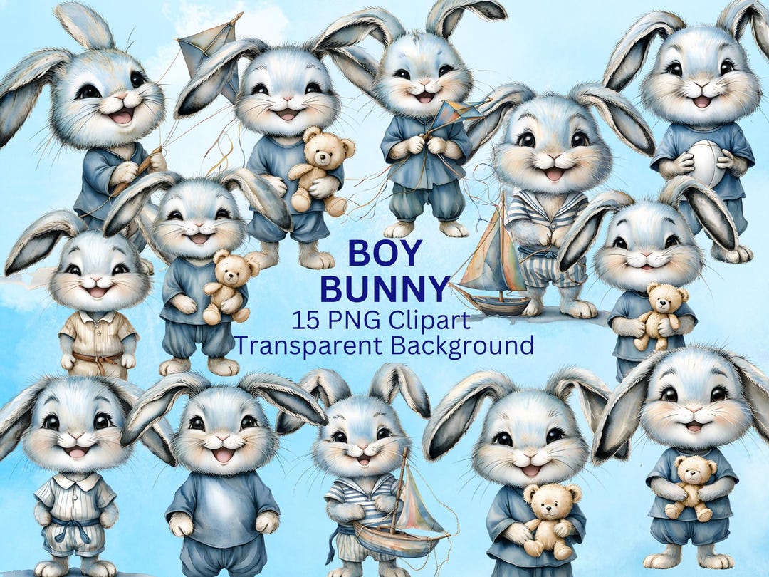 Cute Boy Bunny Clipart, 15 PNG Clipart Bundle, Instant Download ...