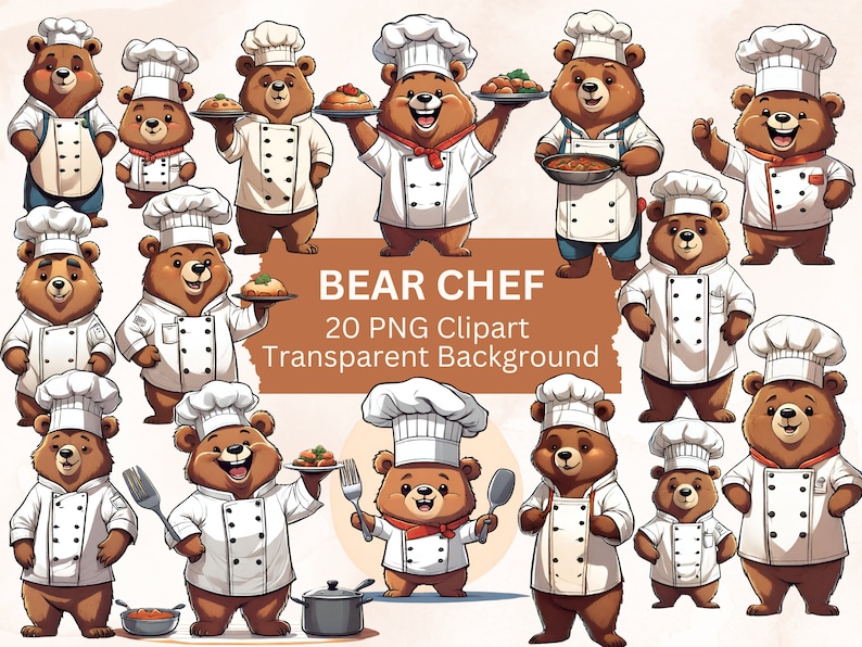 Bear Chef in Chefs Hat, Cooking, Baking, Clipart PNG - 20 Png Bundle ...