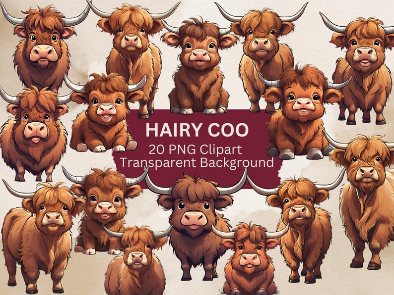 Cute Hairy Coo, Highland Cow Clipart PNG - 20 Pngs, Set A, Instant ...
