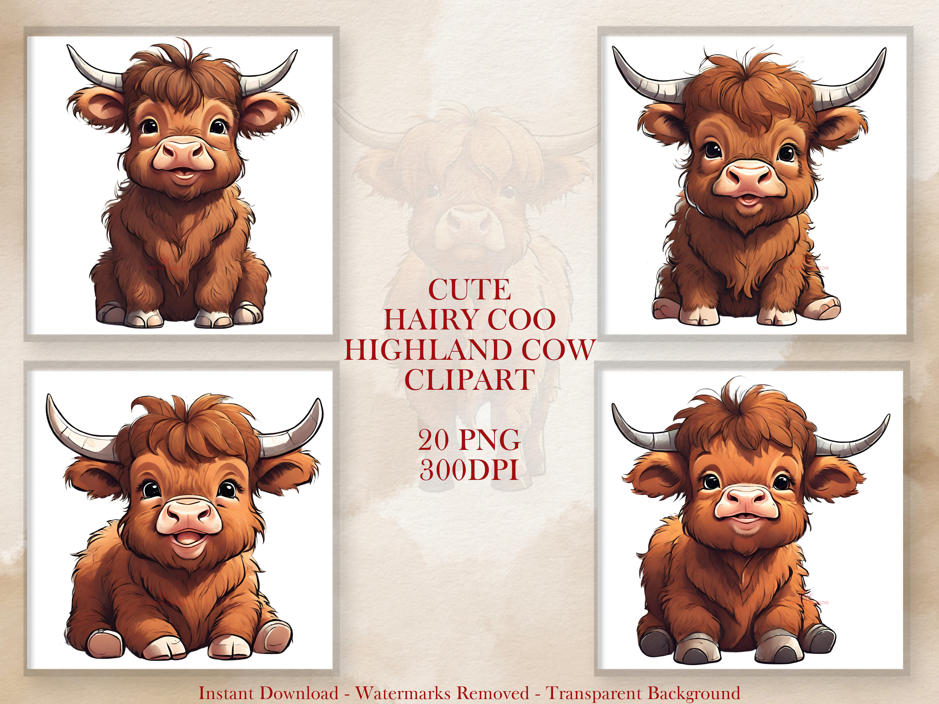 Cute Hairy Coo, Highland Cow Clipart PNG - 20 Pngs, Set A, Instant ...