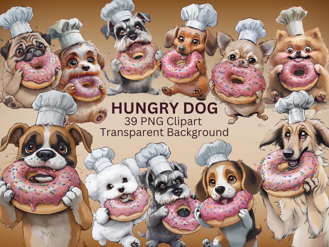 Hungry Chef Dogs Eating Donuts Clipart 39 PNG Bundle (commercial ...