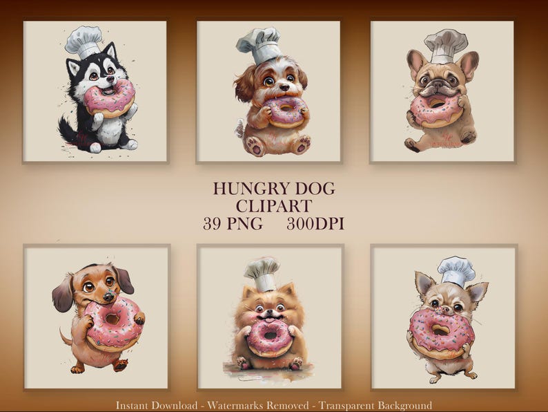 Hungry Chef Dogs Eating Donuts Clipart 39 PNG Bundle (commercial ...