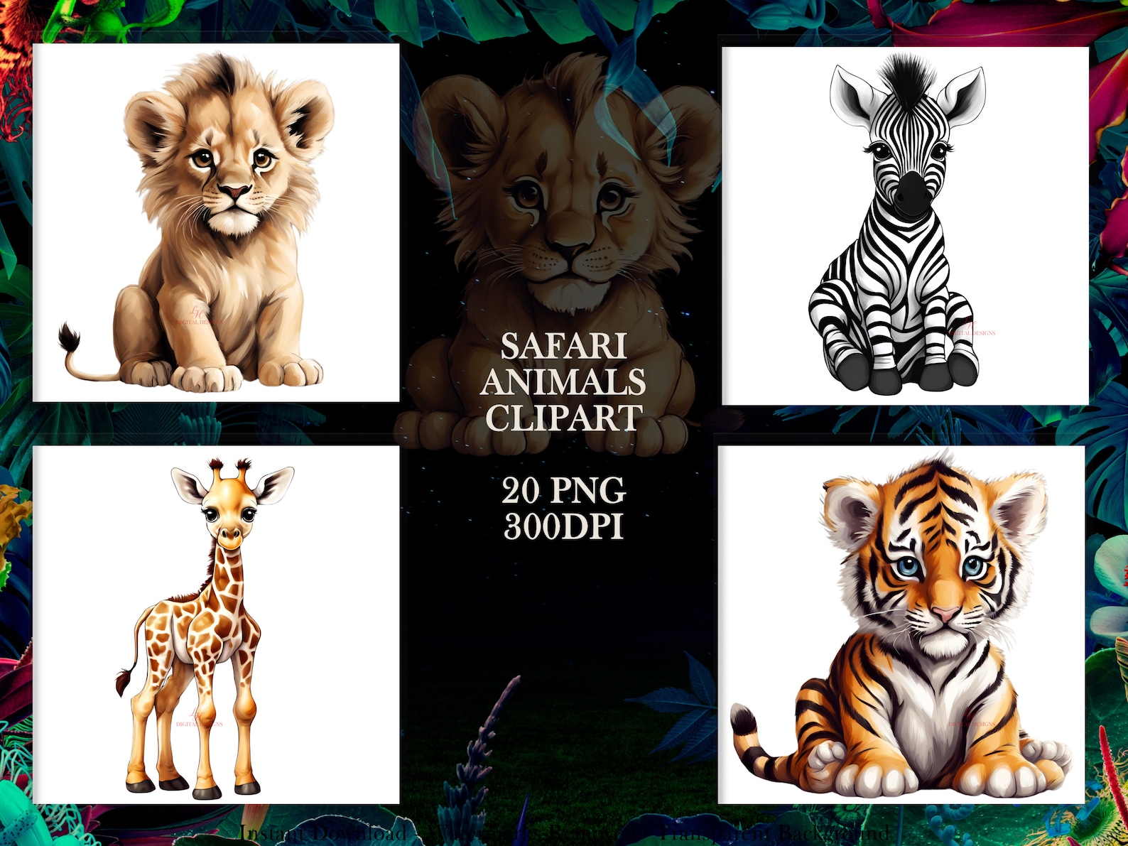 SAFARI Animals, Elephant, Lion, Tiger, Giraffe, Zebra, 20 PNG Clipart ...