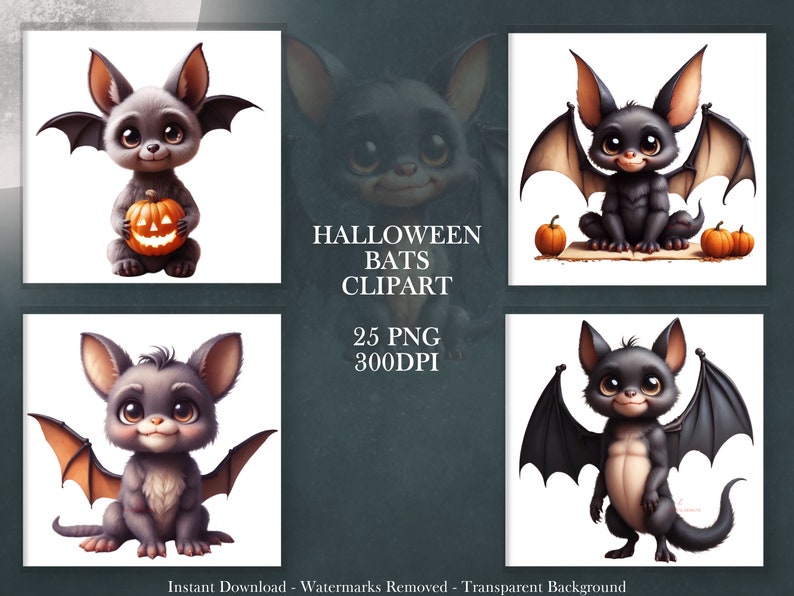 Cute Halloween Bats, 25 PNG Clipart Bundle, Instant Download ...