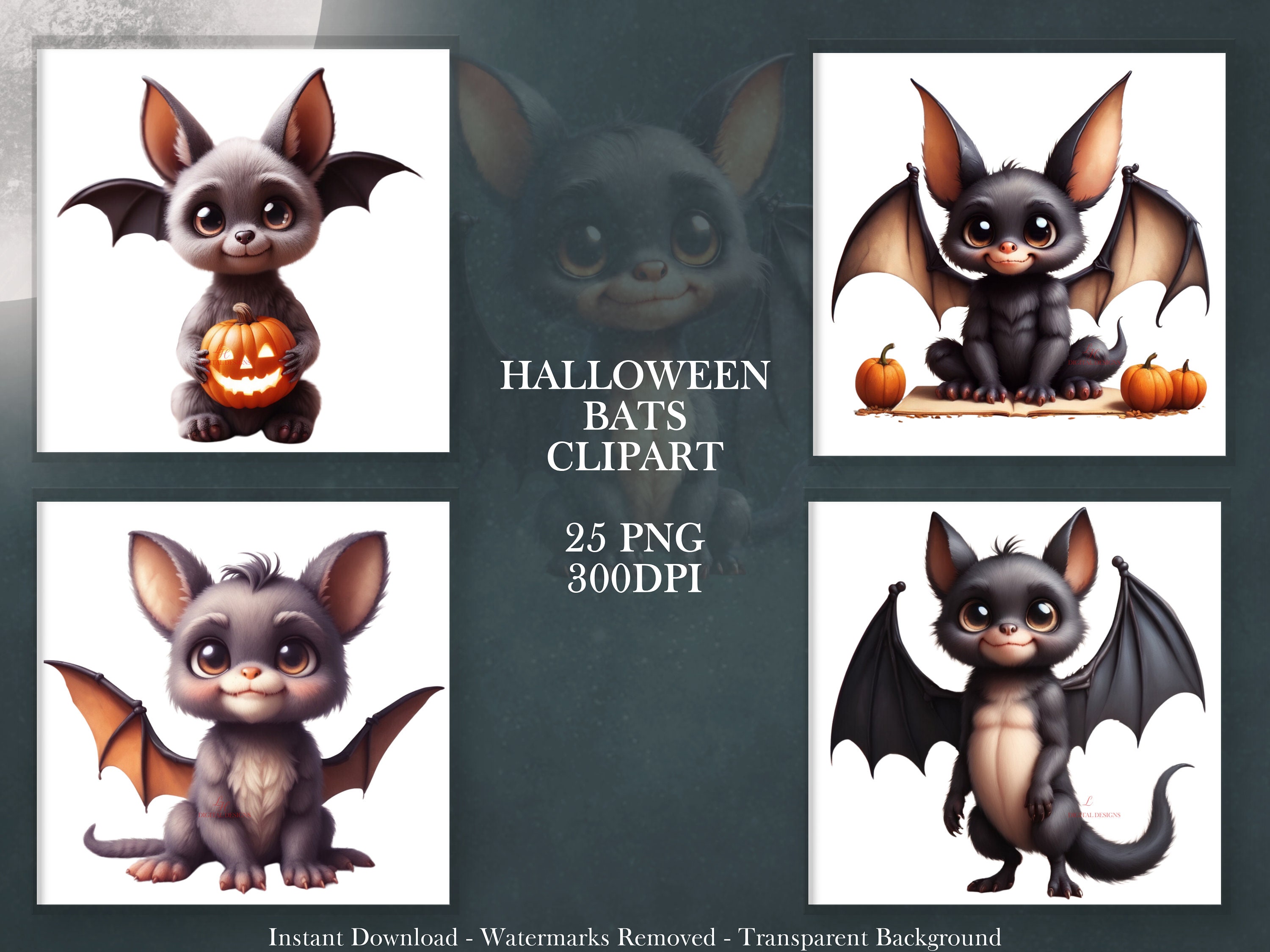 Cute Halloween Bats, 25 PNG Clipart Bundle, Instant Download ...