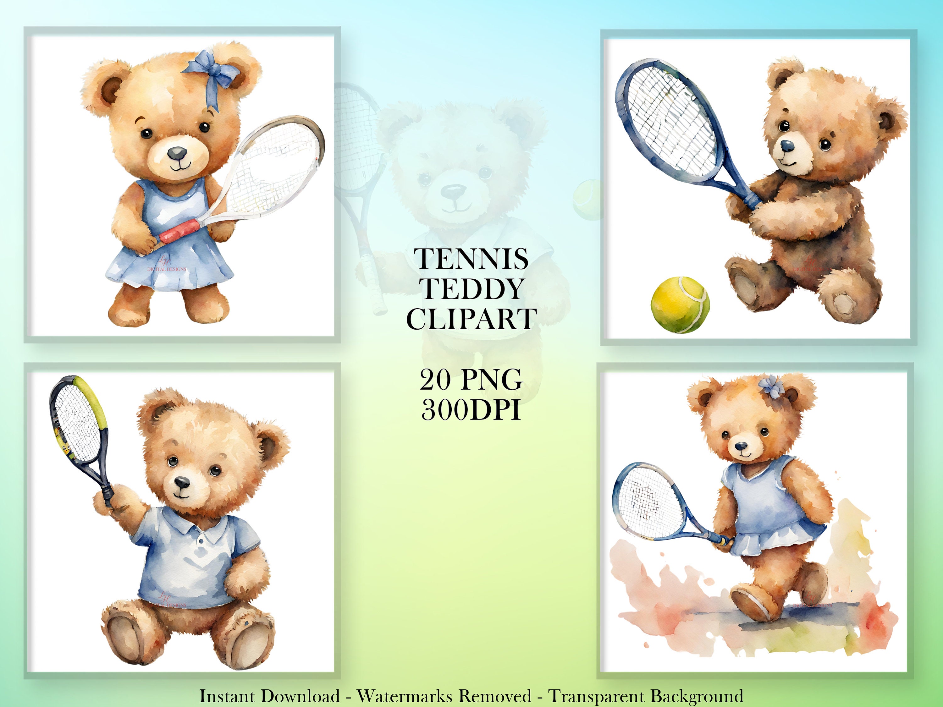 Tennis Teddy Clipart, 20 PNG Clipart Bundle, Instant Download ...