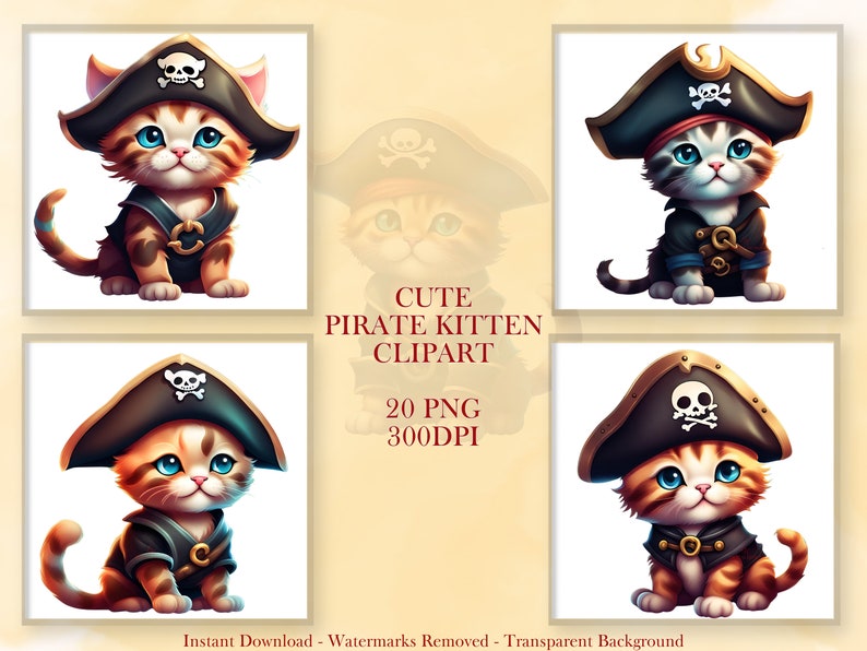 Pirate Kitten Clipart: 20 PNG Images (instant Download) Commercial and ...