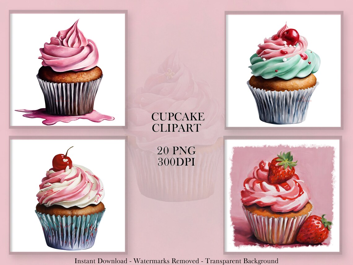 Cute Cupcake Clipart, 20 PNG Clipart Bundle, Cupcake Art, Instant ...