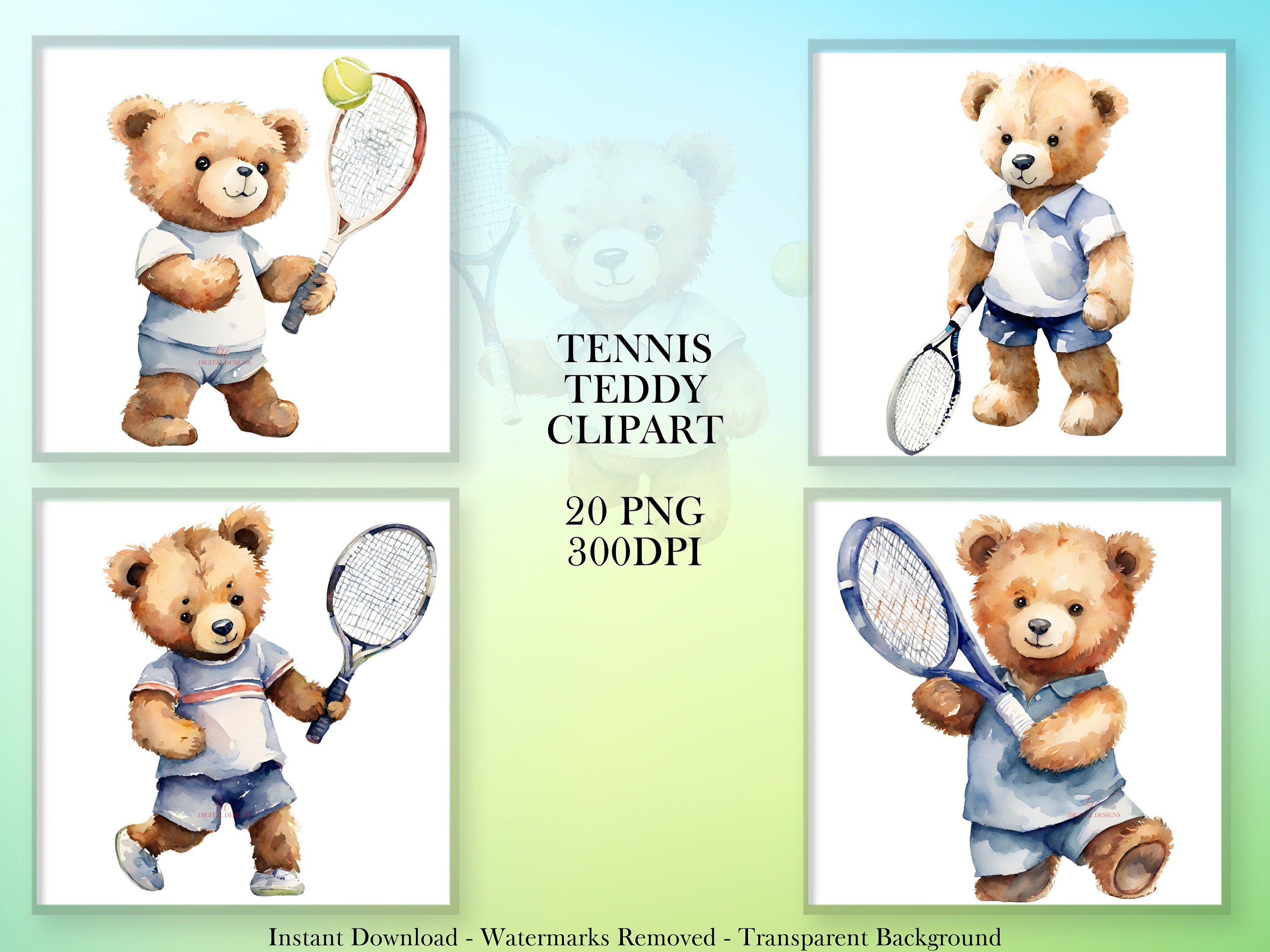 Tennis Teddy Clipart, 20 PNG Clipart Bundle, Instant Download ...