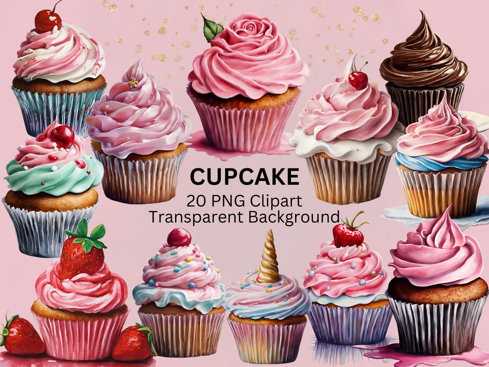 Cute Cupcake Clipart, 20 PNG Clipart Bundle, Cupcake Art, Instant ...